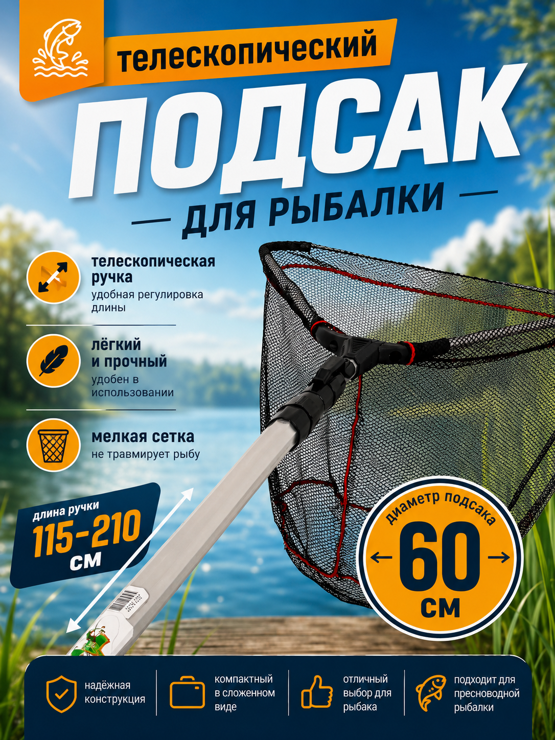 Подсак AMAGU, телескопический, складной, с треугольной формой, 60 см