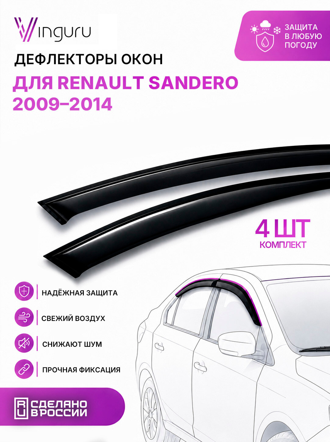 Дефлекторы окон Vinguru RENAULT Sandero 2009-2014 /накладные/скотч/к-т 4 шт./литьевой поликарбонат / Рено Сандеро