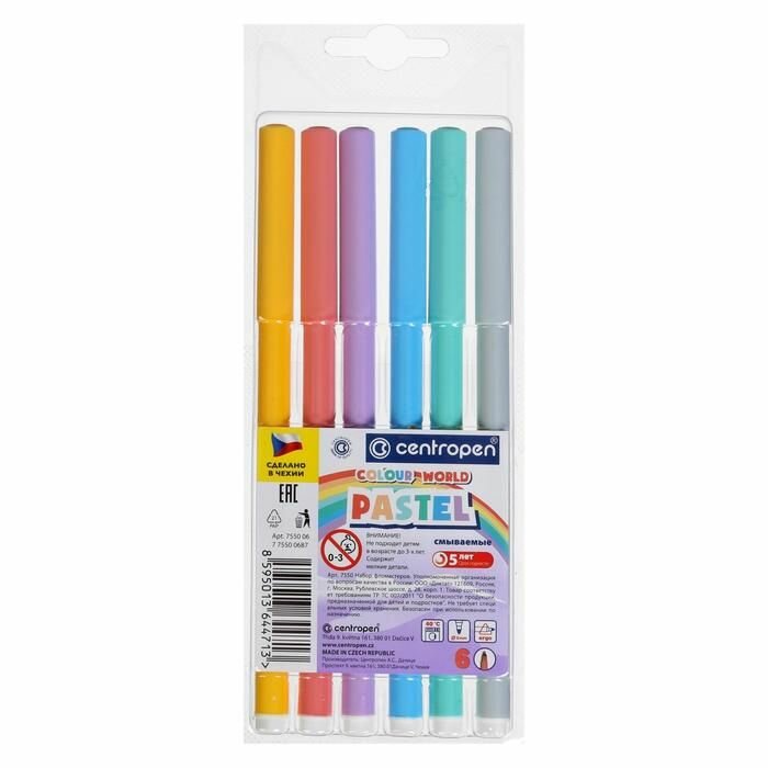 Фломастеры Centropen 6 цветов, Colour World Pastel, пастельные, европодвес, линия 1,0 мм