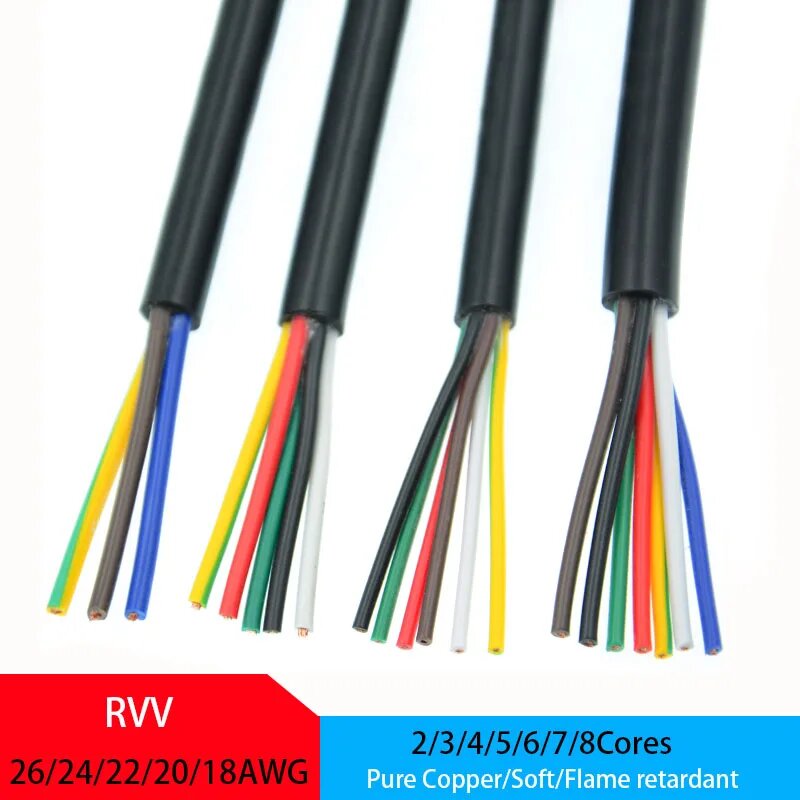 Электрический кабель RVV, медный, 2 м, 2-8 жил, 26/24/22/20/18 AWG 24 AWG 0.2mm2, 8Coeres 2Meters