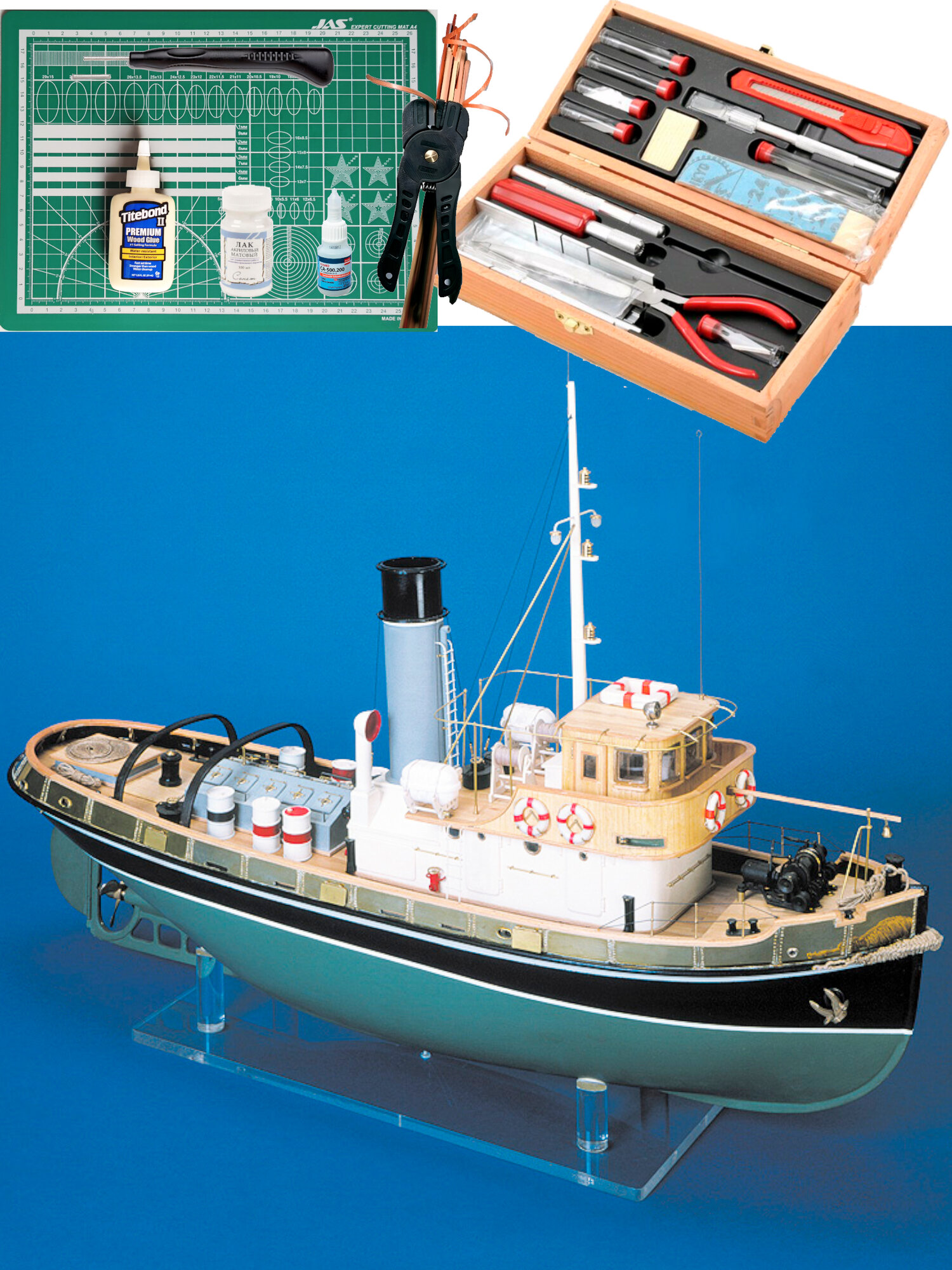 Модель корабля Mantua, буксир Anteo (есть возможность установки РУ), 600 часов, подарочный набор, инструменты, лак, клея