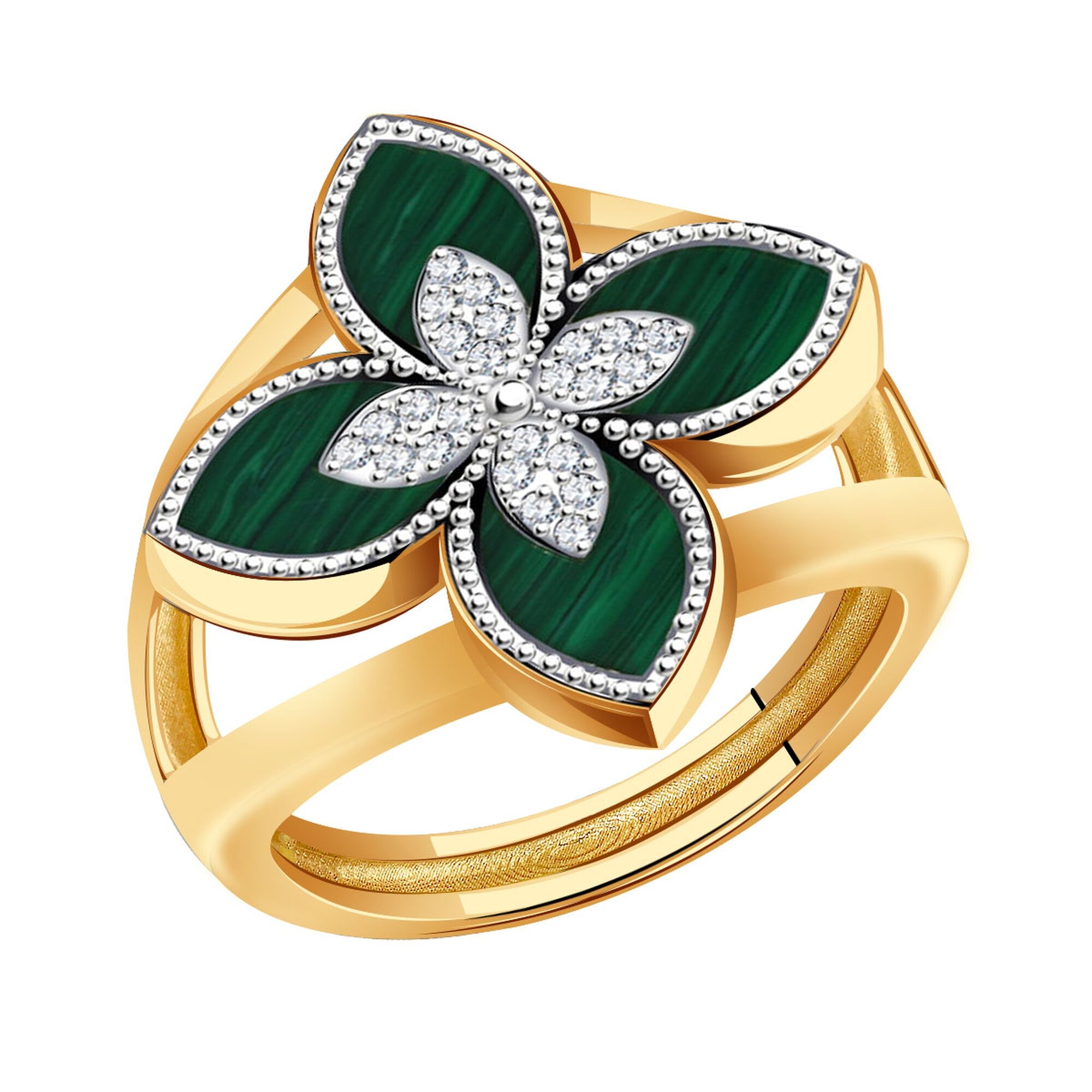 Кольцо, красное золото, 585 проба, фианит, малахит