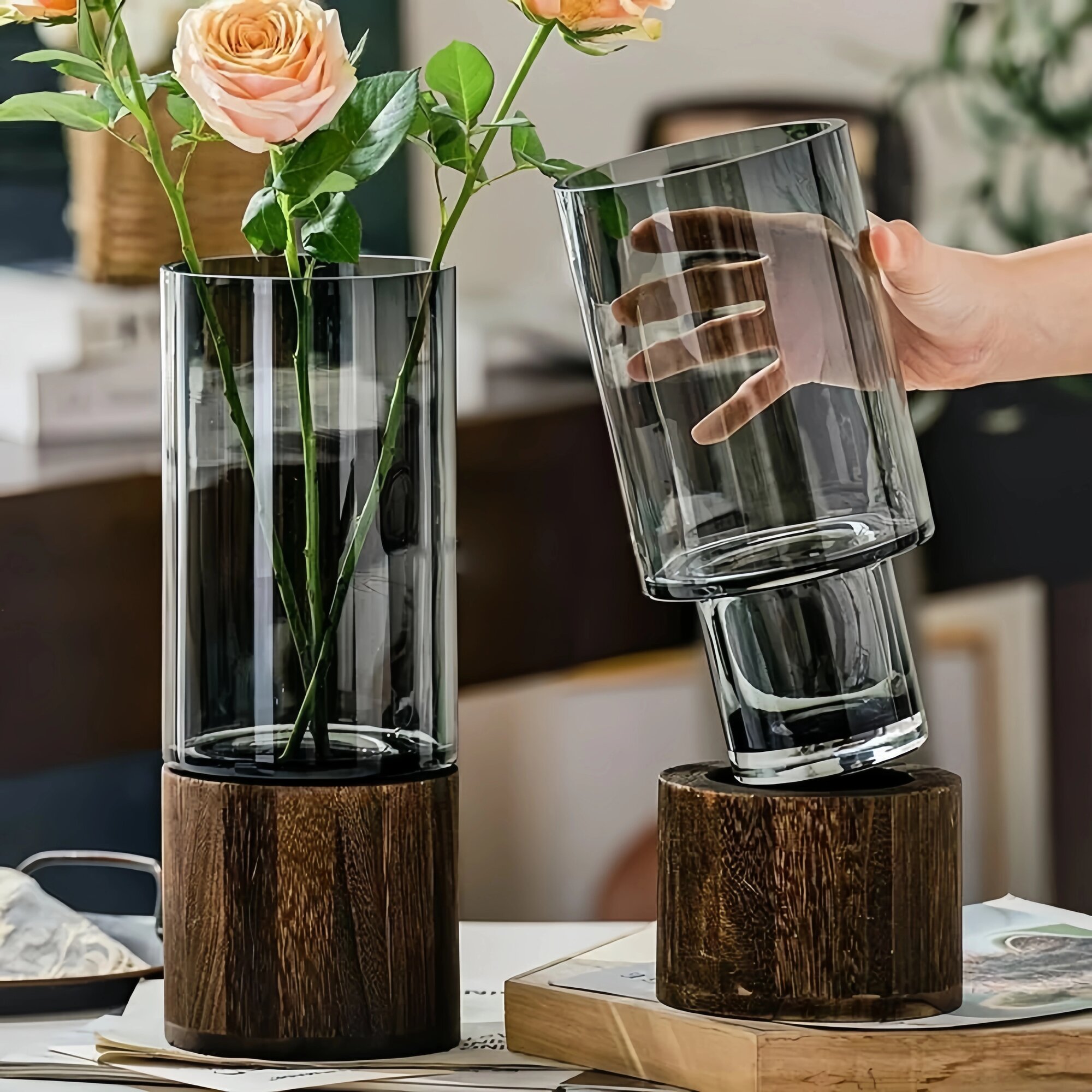 Ваза , стекло, для живых и искусственных цветов，ваза для цветов，(Дымчато-серый) с деревянным основанием