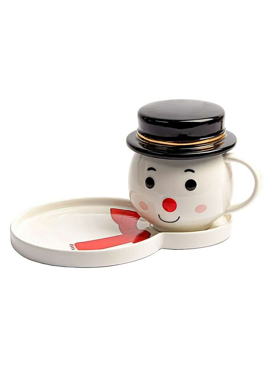 Чайная пара снеговик с крышкой белый, черный