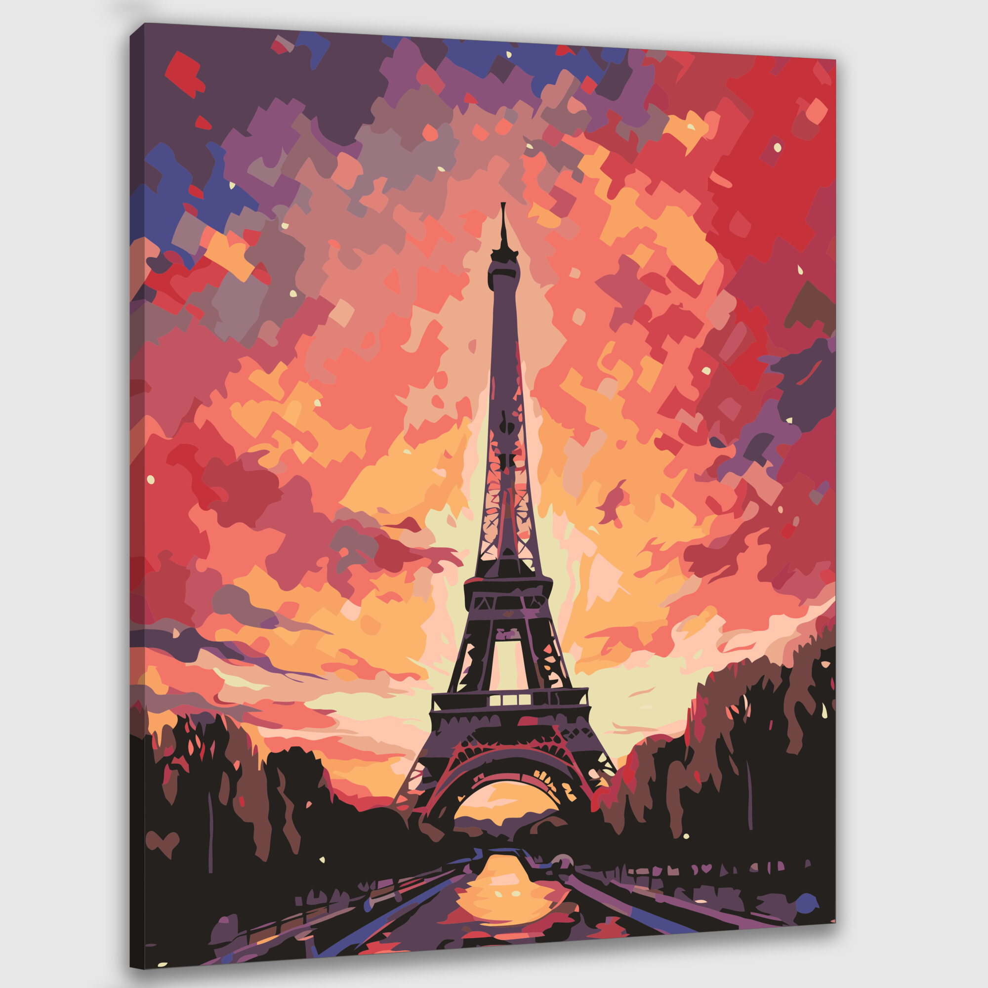 Картина по номерам 40x50 см, Эйфелева башня, Собор Парижской Богоматер, Лувр, закатное небо, оранжевый оттенок