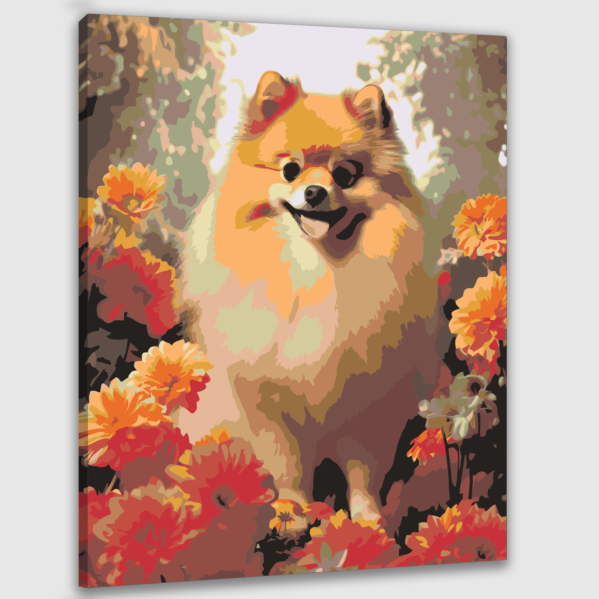 Картина по номерам 40x50 см, Померанский шпиц, пленительный взгляд, высокое разрешение, залитый солнцем сад