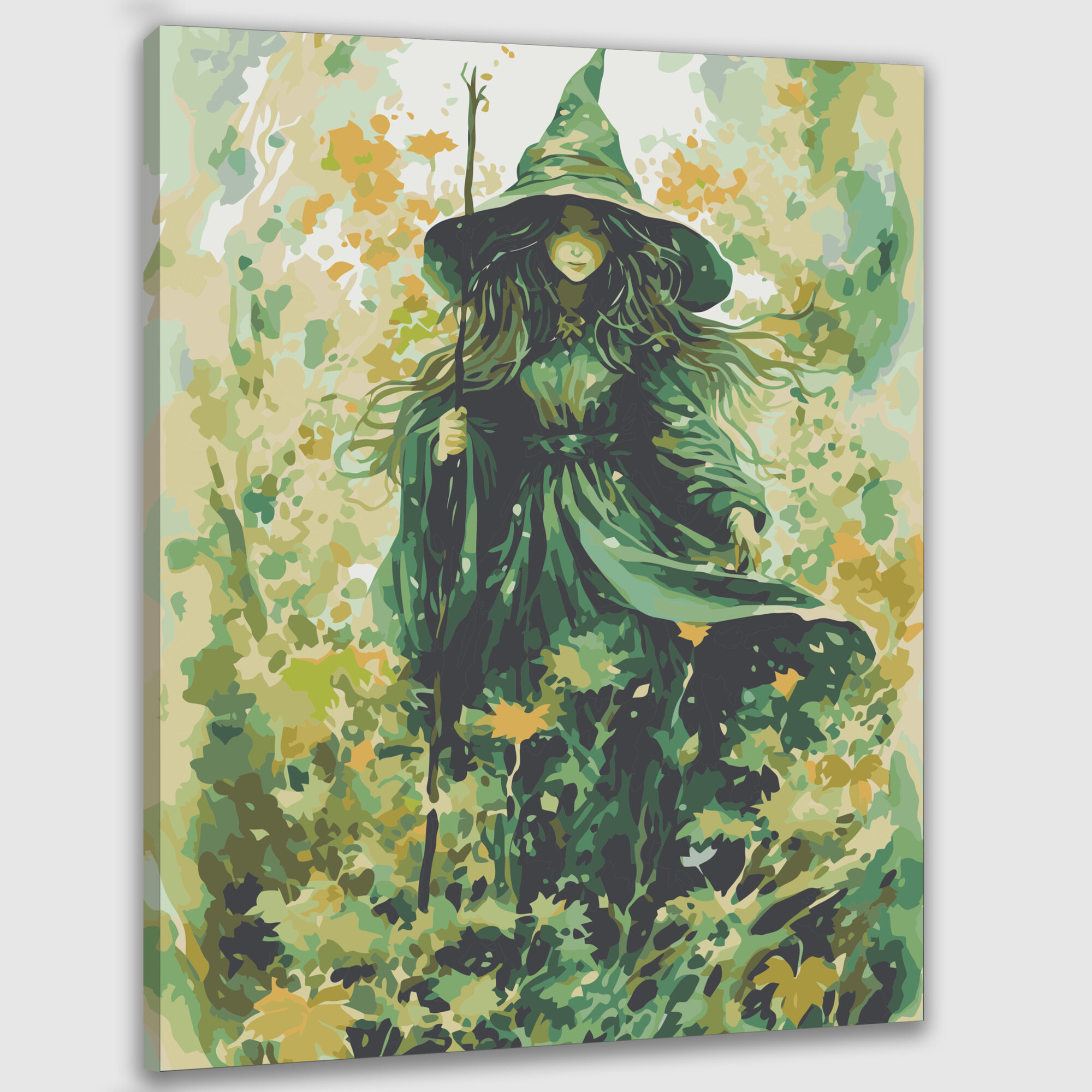 Картина по номерам 40x50 см, акварельная иллюстрация, ведьма, волшебный лес, зелень, длинные волосы, развевающийся плащ