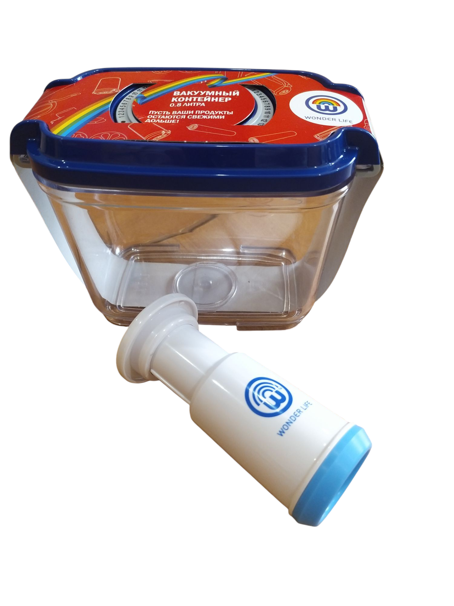 Вакуумный контейнер с дата-индикатором 0.8 л с насосом, цвет синий