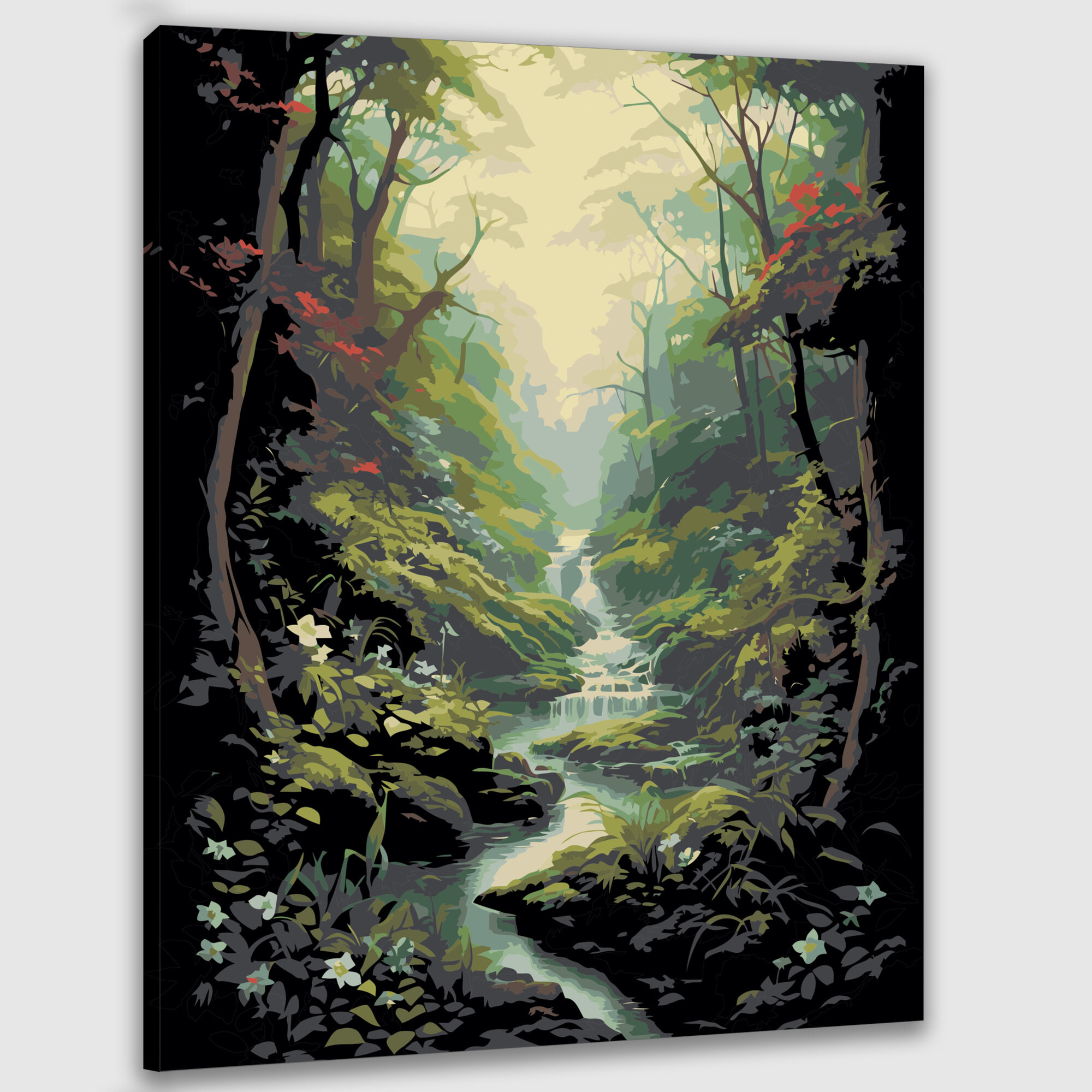 Картина по номерам 40x50 см, картина, масло, пышный лес, жизнь, птицы, листья, ветер, ручеек, зеленый ландшафт