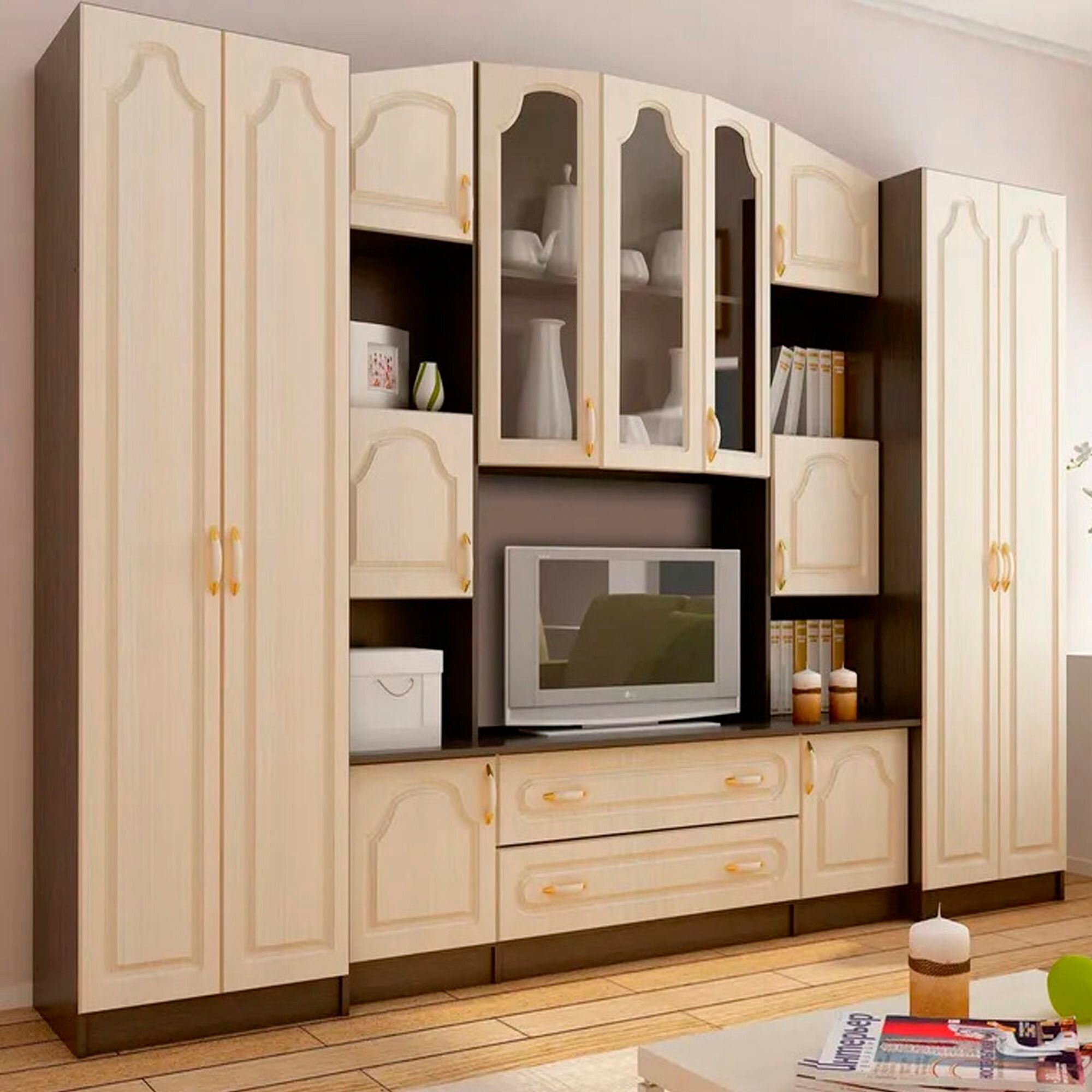 Гостиная Макарена МДФ, цвет Венге / Дуб, ширина 279 см, с полками, тумбой под ТВ, шкаф