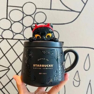 Керамическая кружка Starbucks с крышкой и котиком, черная, 355 мл, 1 шт - для кофе и чая — фото 1