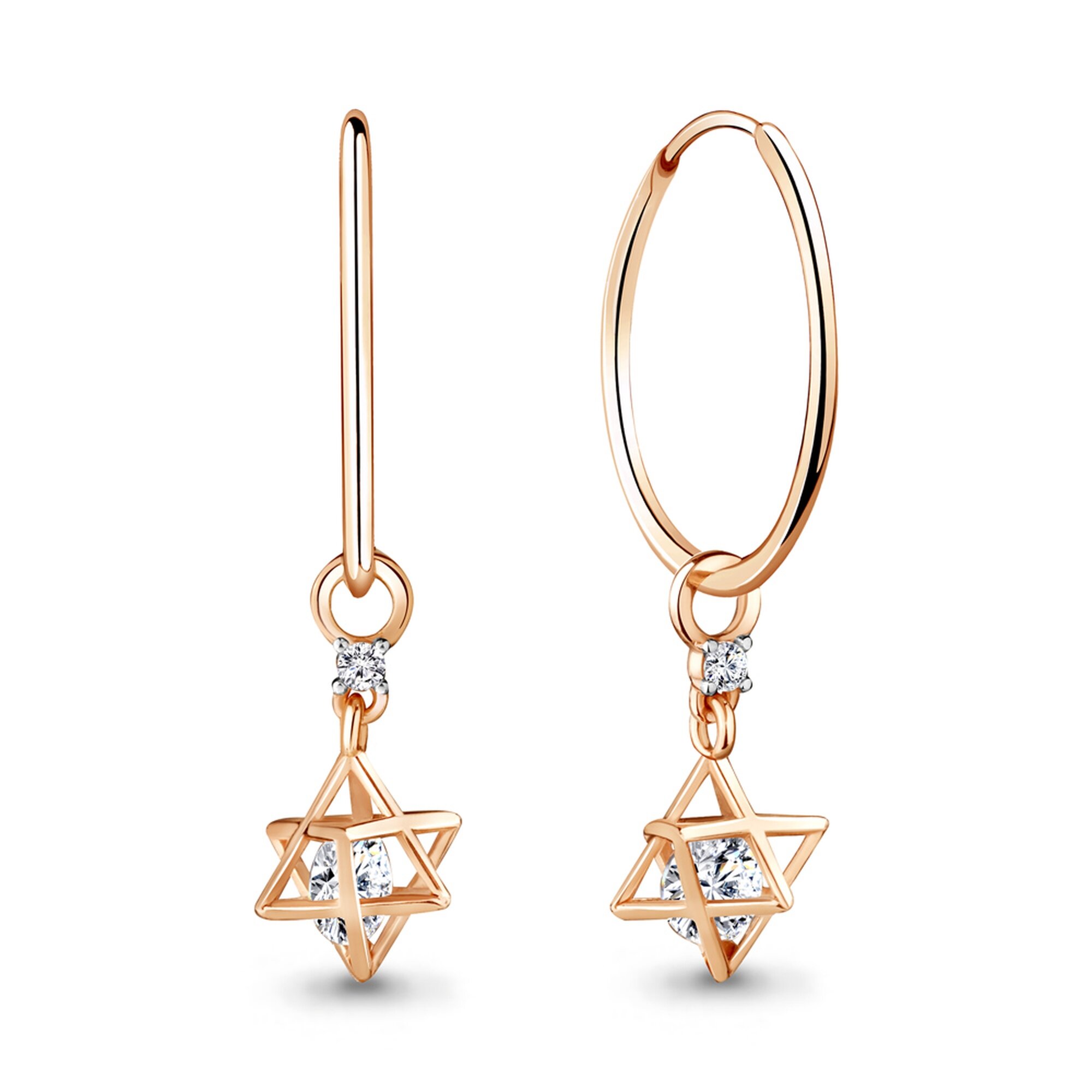 Серьги конго, серебро, 925 проба, золочение, фианит