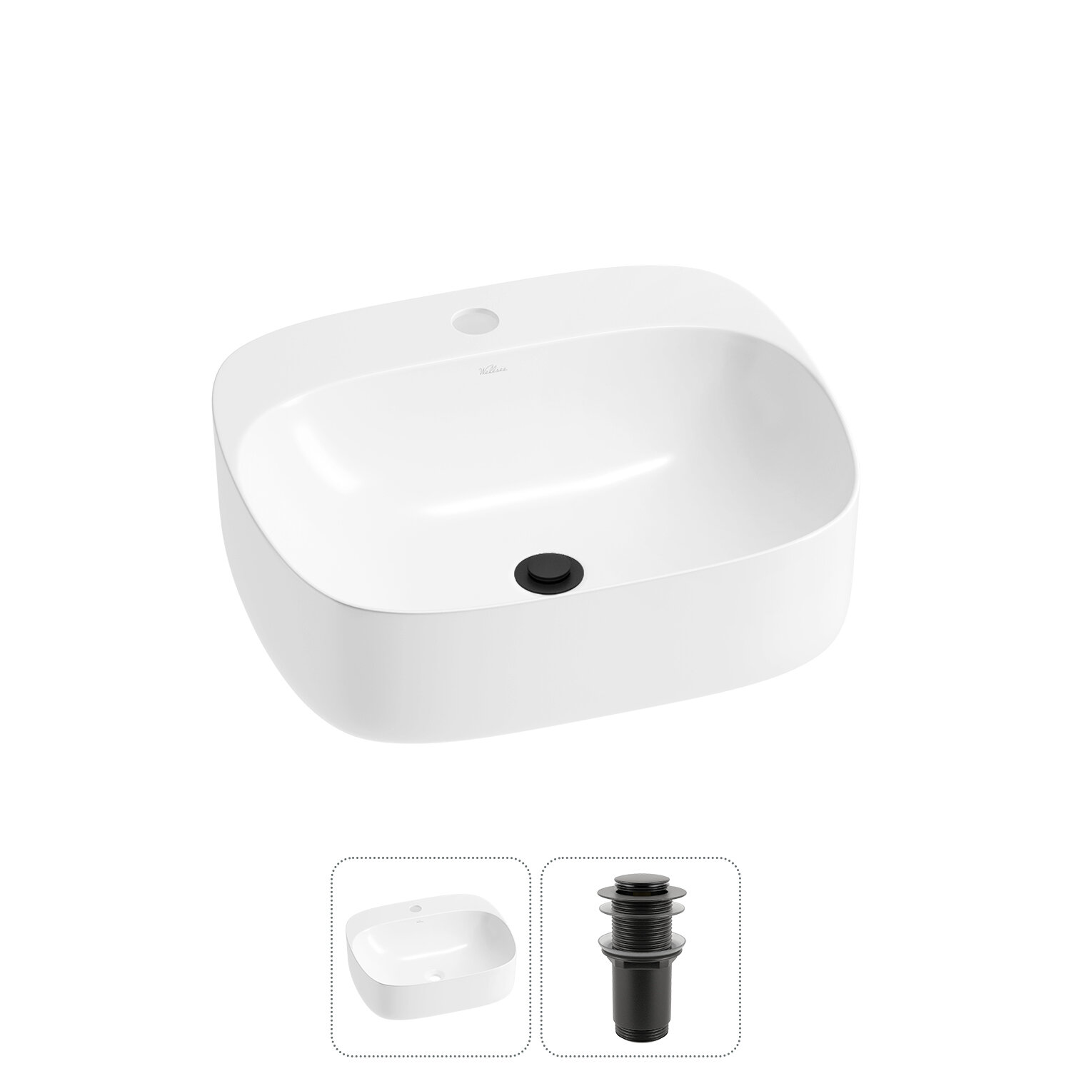 Накладная раковина в ванную комнату Wellsee Ideal 20214096R в наборе 2 в 1: раковина 50 см в цвете белый глянец, донный клапан в цвете матовый черный