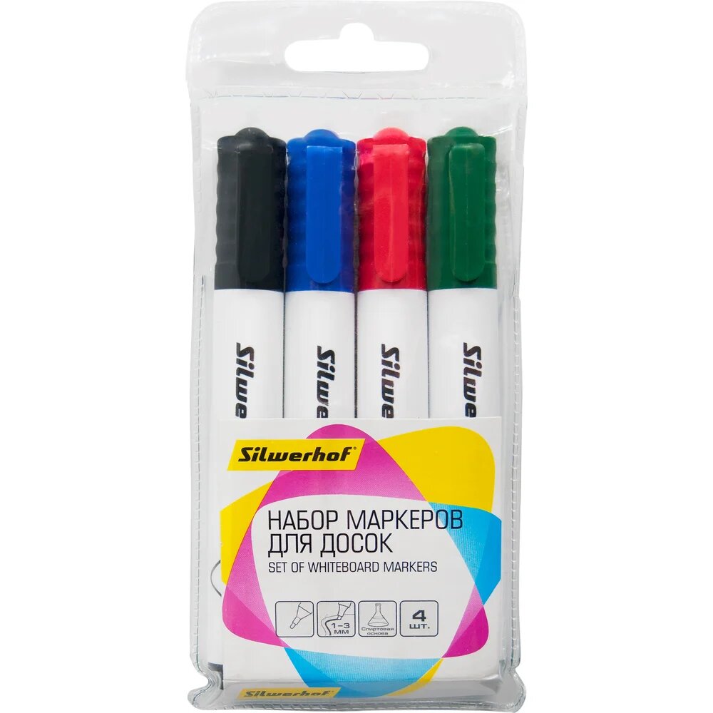 SILWERHOF Набор маркеров для досок PRIME пулевидный пиш. наконечник 1-3мм 4цв. пакет с европодвесом 480014