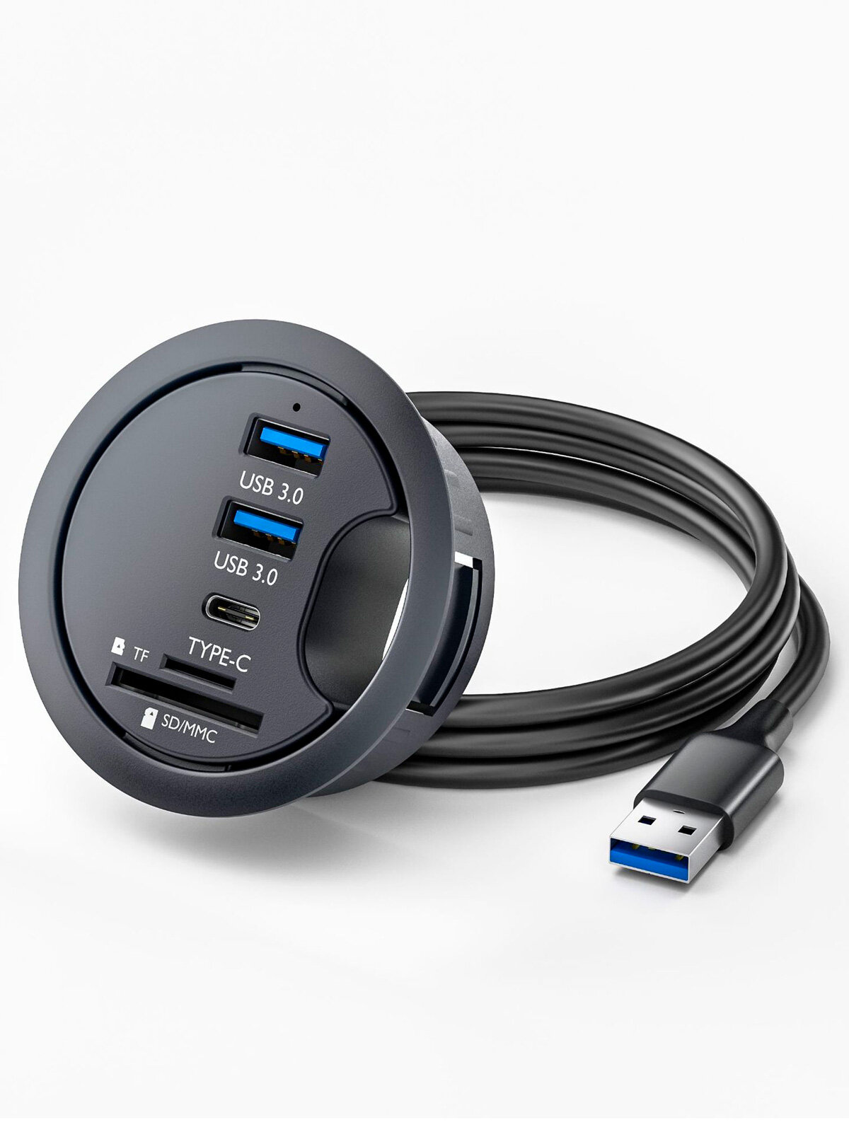 Хаб USB 3.0 на 2 USB 3.0, 1 USB-C и кардридер в столешницу / заглушка для стола / настольный USB-концентратор DESK 2U+1C+CARD