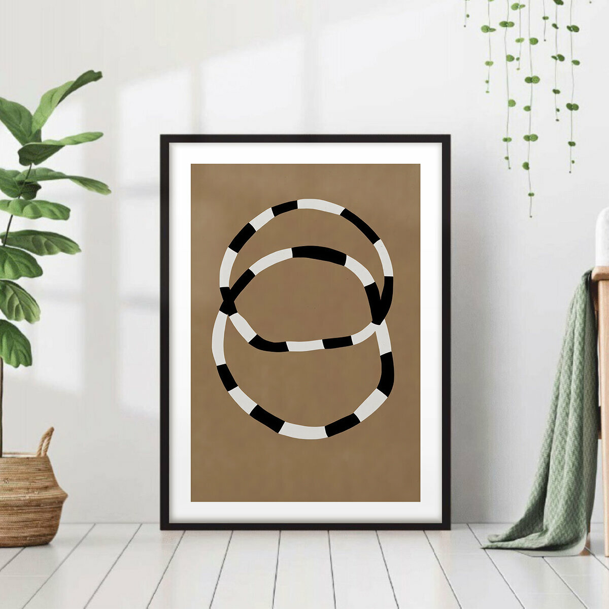 Постер "Абстракция кольца на коричневом фоне" 40х50 в черной рамке для интерьера на стену
