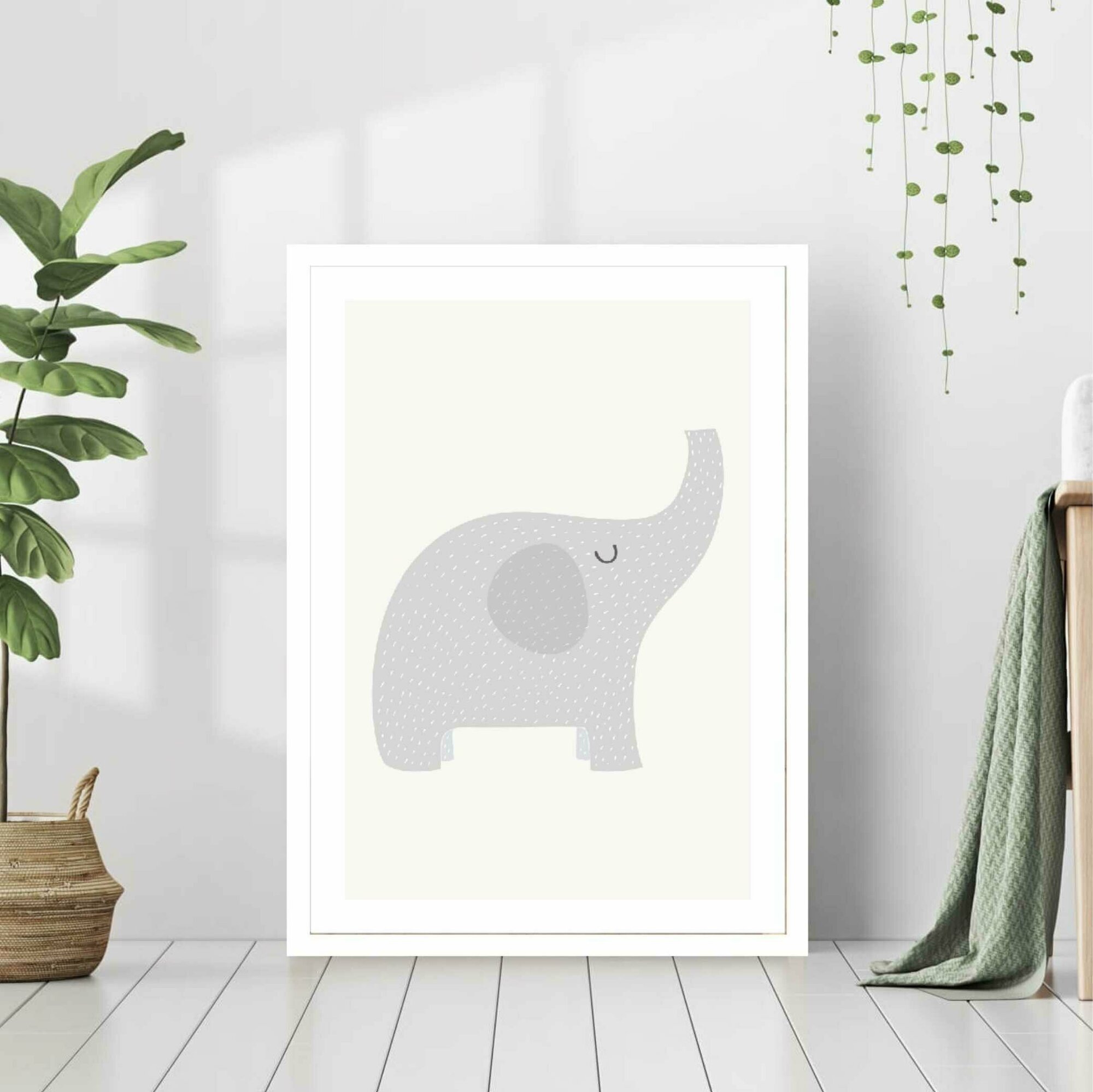 Постер "Слоник, животные рисунок для детской комнаты" 40x50 в белой рамке для интерьера на стену