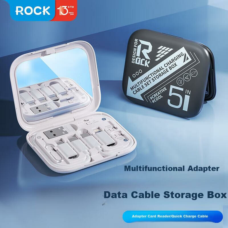 ROCK [60W Fast Charging] Multifunctional Charging Cable, Three-In Data Cable, OTG Adapter, Apple Android Type-C to USB Multi-Port Converter, Portable Storage Case
