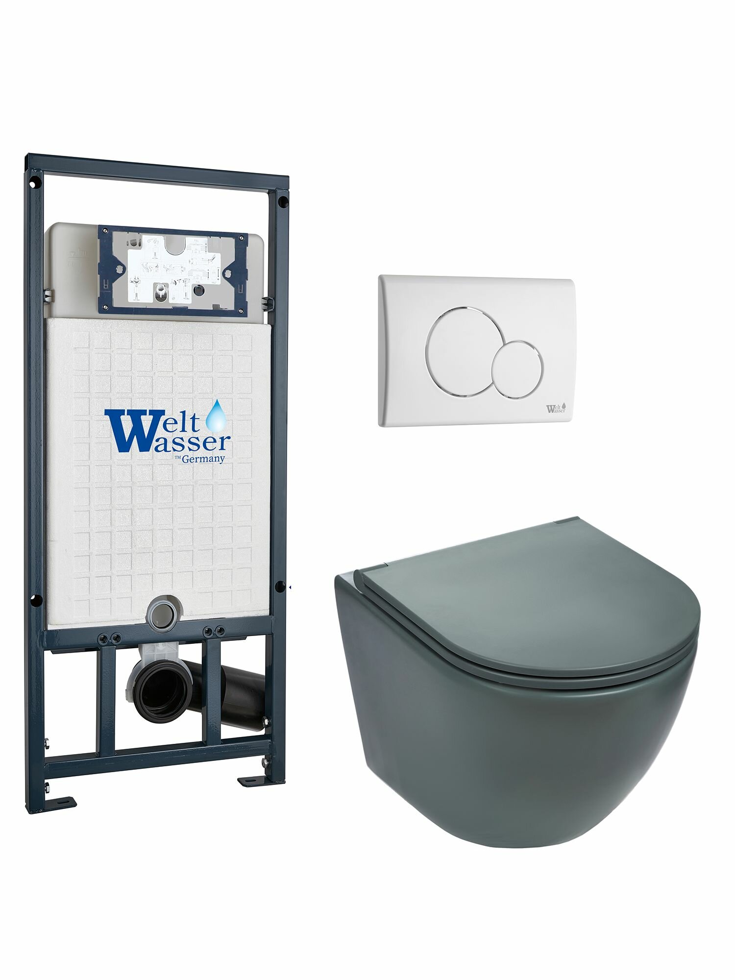 Комплект 6 в 1 WeltWasser: подвесной унитаз MERZBACH 043 MT-GR серый+кнопка смыва MAR 507 RD GL-WT белый+инсталляция MARBERG 507