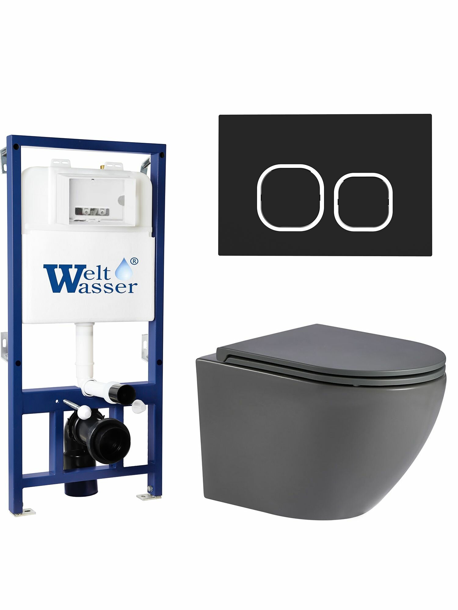 Комплект 6 в 1 WeltWasser: подвесной унитаз MERZBACH 043 MT-GR серый+кнопка смыва BAMBERG BL черный+инсталляция BAMBERG 525