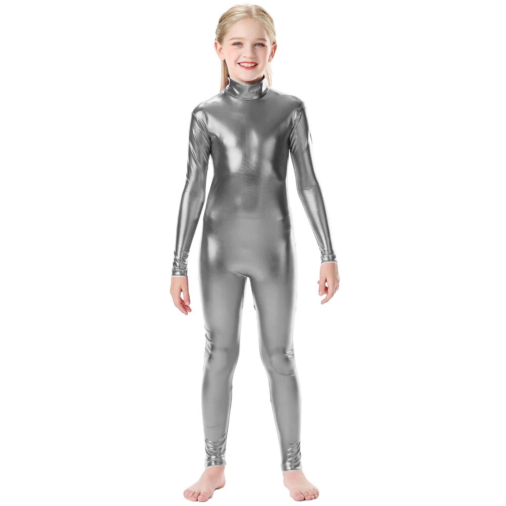OVIGILY Детский блестящий металлический комбинезон для танцев S, Серый, gray