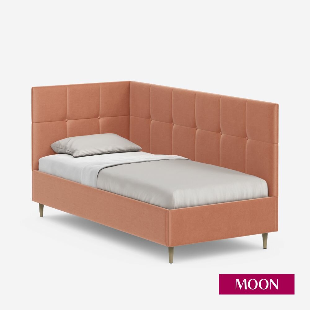 Кровать односпальная, подростковая, с подъемным механизмом на ножках, MOON FAMILY 1261, размер 90х200 см, велюр оранжевый, ящик для белья, левая боковая спинка. Ортопедическое основание в комплекте