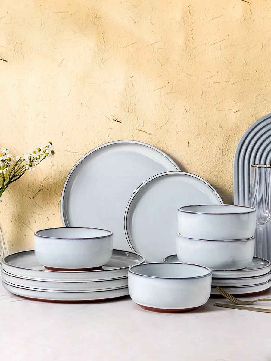 Набор Посуды. Современный Керамический Обеденный Столовый Сервиз Для 4 Персон Из 12 Предметов. Тарелки, Салатники, Суповые Пиалы. Для Первых, Вторых Блюд, Салатов и Десертов.