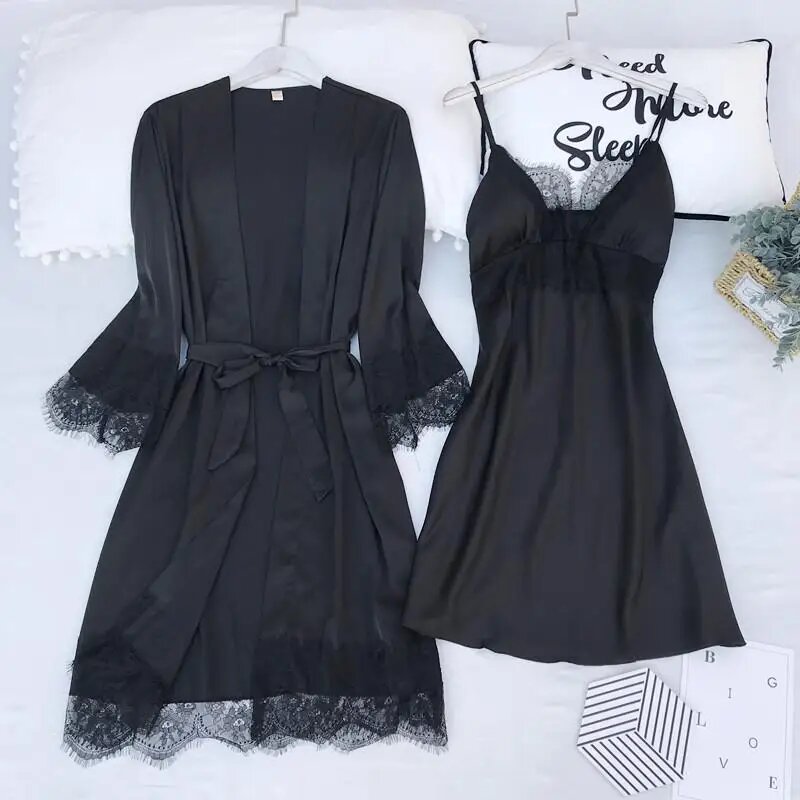 Ночная рубашка атласная голубая Черный, XXL, Black-C