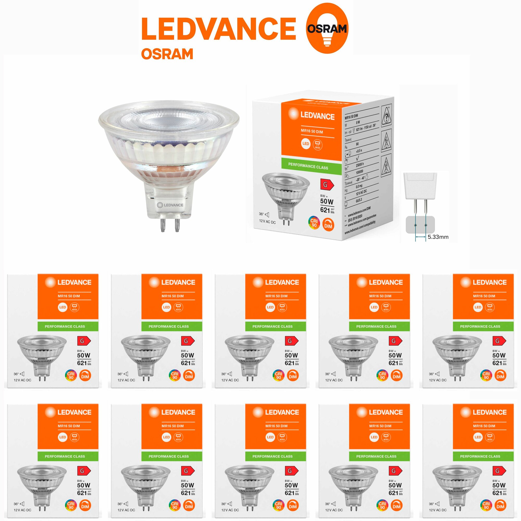 10шт/уп. Лампа LED Софит 8Вт 12В GU5.3 MR16 621Лм Ra90 Диммируемая Стекло Угол 36 град. 4000К Свет Дневной белый LEDVANCE-OSRAM, уп. 10шт