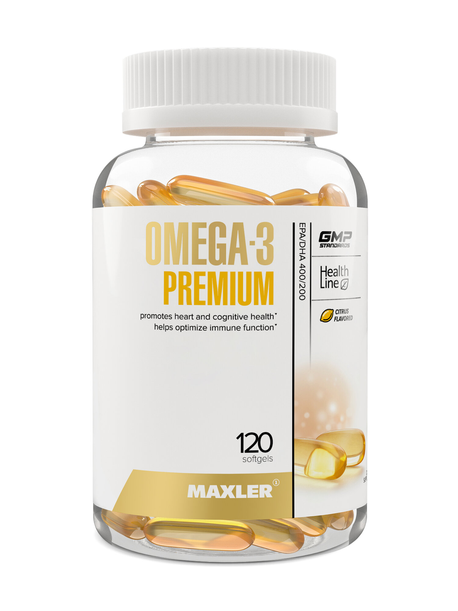 Жирные кислоты Омега-3 Премиум Maxler Omega-3 Premium (EPA/DHA – 400/200), 120 гелевых капсул со вкусом цитруса (США)