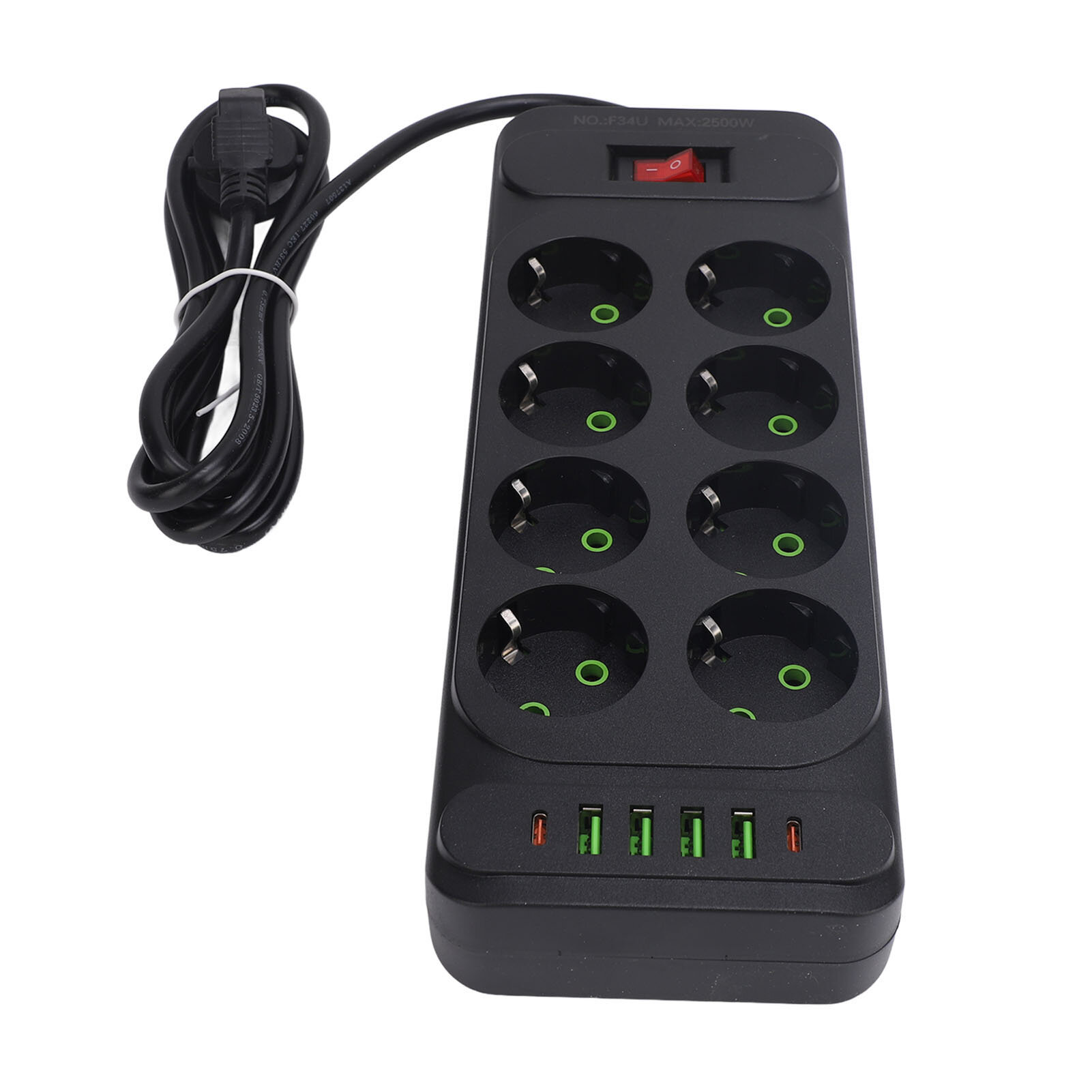 8-розеточный сетевой фильтр с европейскими розетками USB-C, настольный и настенный монтаж, с выключателем, кабель 2 м.