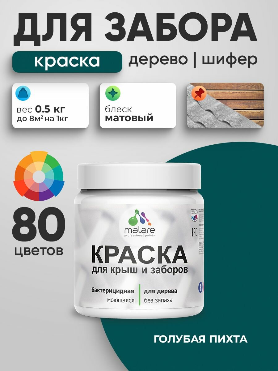 Акриловая краска Malare для деревянного забора/ по дереву для наружных и внутренних работ/ быстросохнущая моющаяся без запаха, матовая, голубая пихта, 0.5 кг.