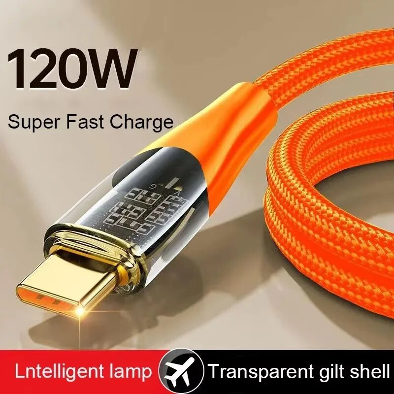 Кабель типа C, 120 Вт, USB-кабель для сверхбыстрой зарядки, 1 м/1,5 м/2 м, провод для зарядного устройства для телефона Xiaomi 13 Huawei Samsung Oneplus, шнур для передачи данных USB C 1 м, Orange-B