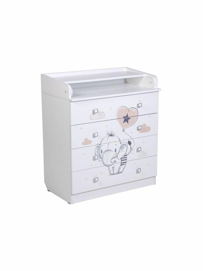 Детский комод для одежды и хранения вещей Фея 4 с ящиками, с полками, 80.4х46.7х92.2 см, Белый / Слоник
