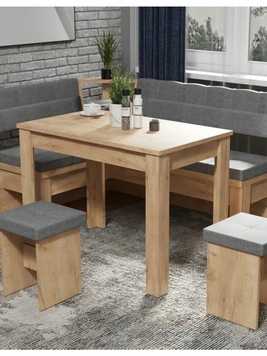 Кухонный диван, уголок Уют 8 со столом, с табуретами, с полками, Дуб Крафт золотой, ЛДСП / Серый, ткань