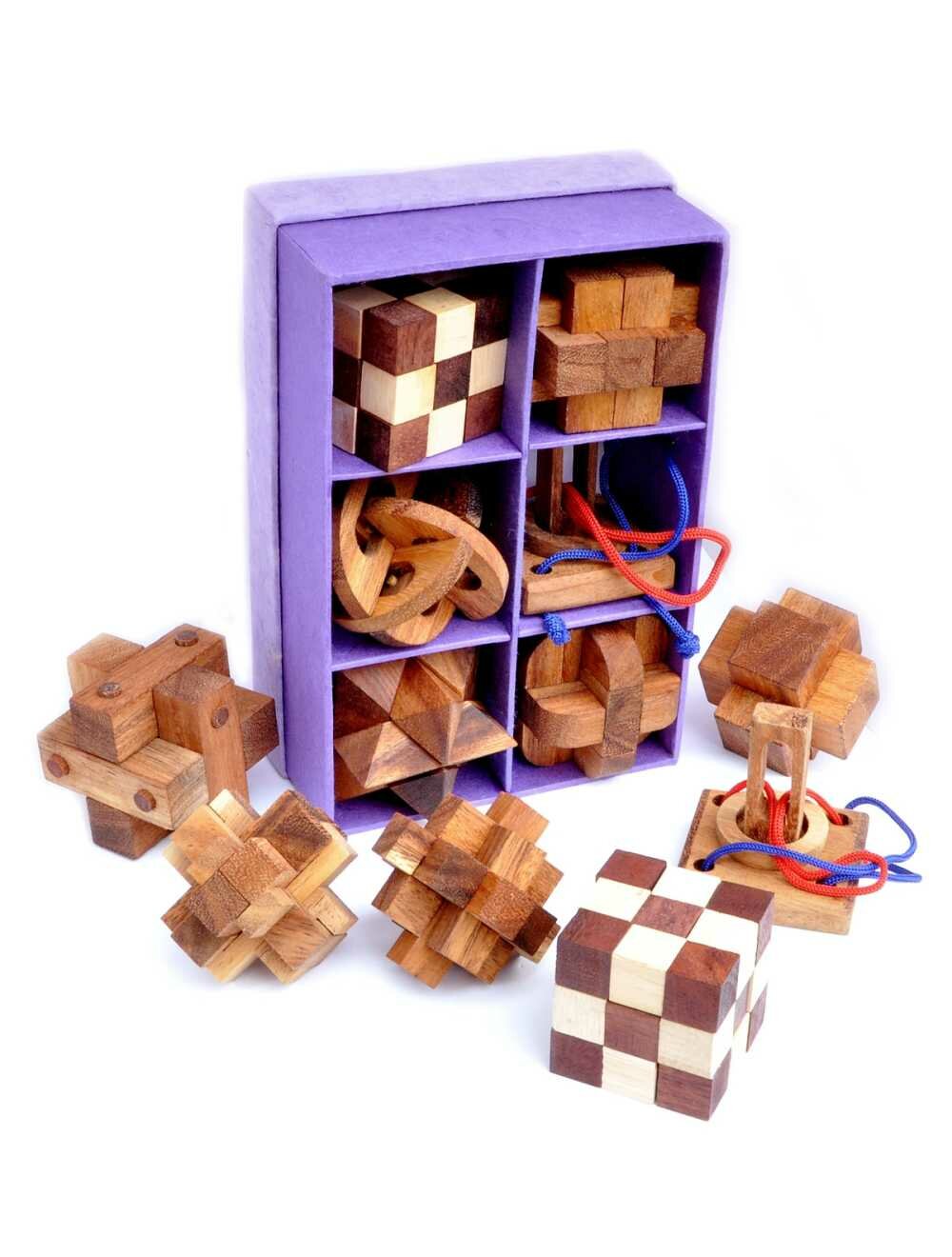 Набор деревянных головоломок 6 в 1 в коробке из рисовой бумаги из Таиланда - Красивый подарочный набор2