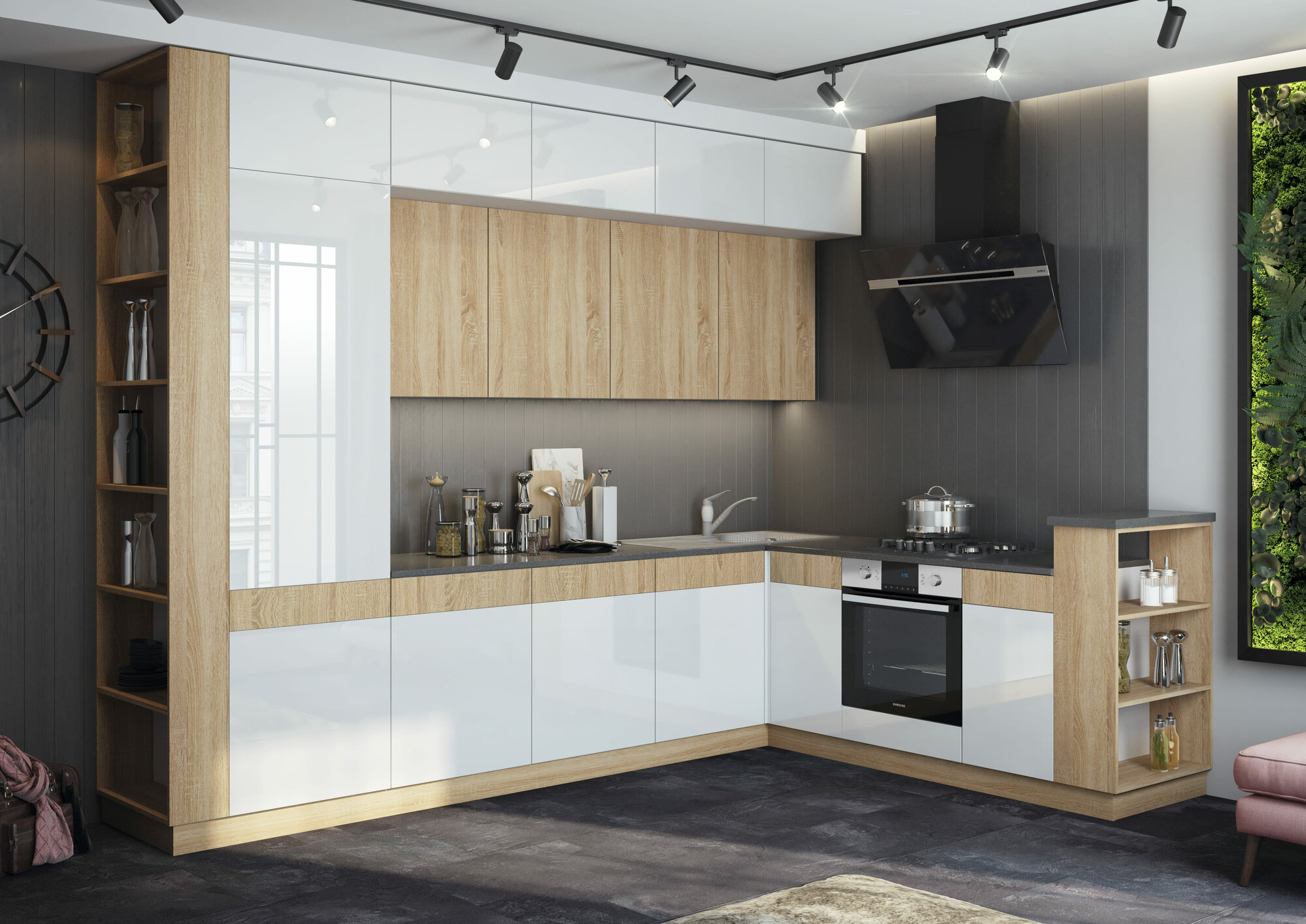 Кухня Техно-5 3,2*2,24м (Сонома/Белый глянец холодный, Сонома (Кастилло темный)) (Миф)