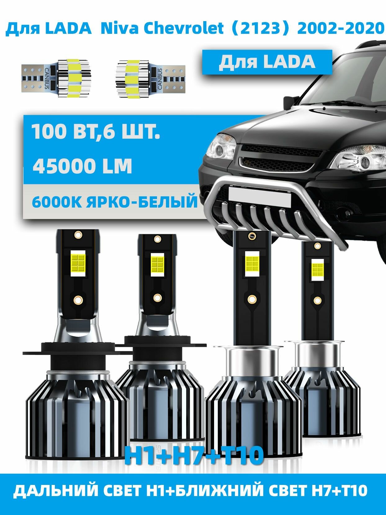 LED Лампочка Для LADA 2123 / Chevrolet Niva 2002-2020, Светодиодная автомобильная лампа для фары H1+H7+T10