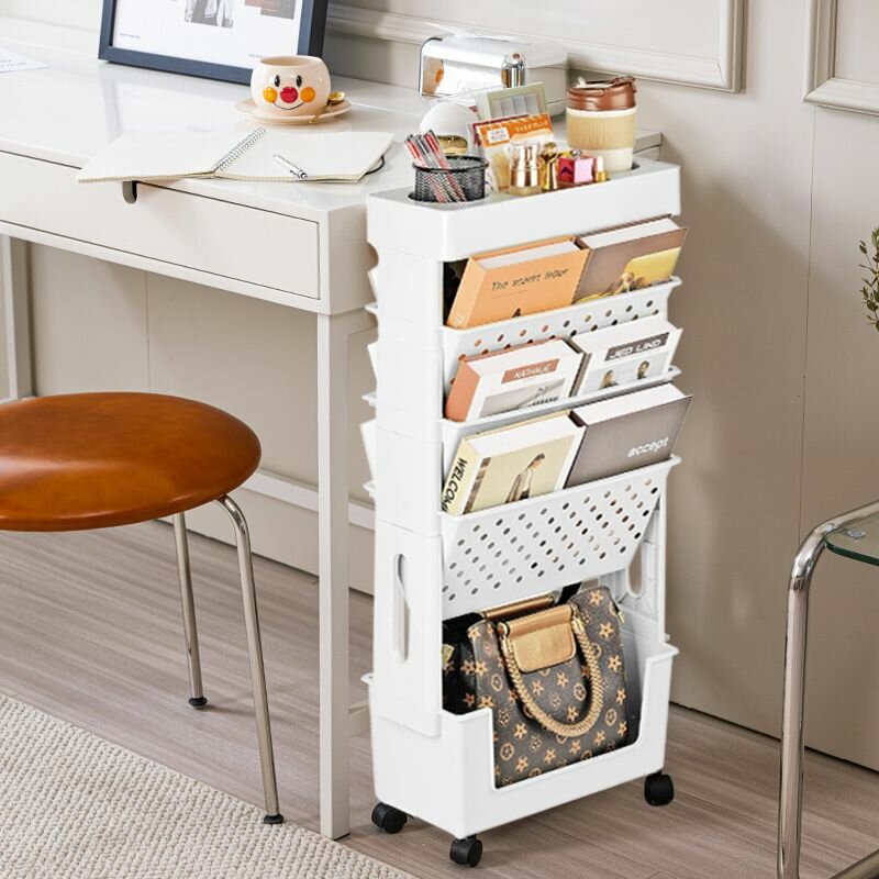 Этажерка Напольная этажерка органайзер для книг на колесах, 5 секц, Пластик, 15*37,5*78 см