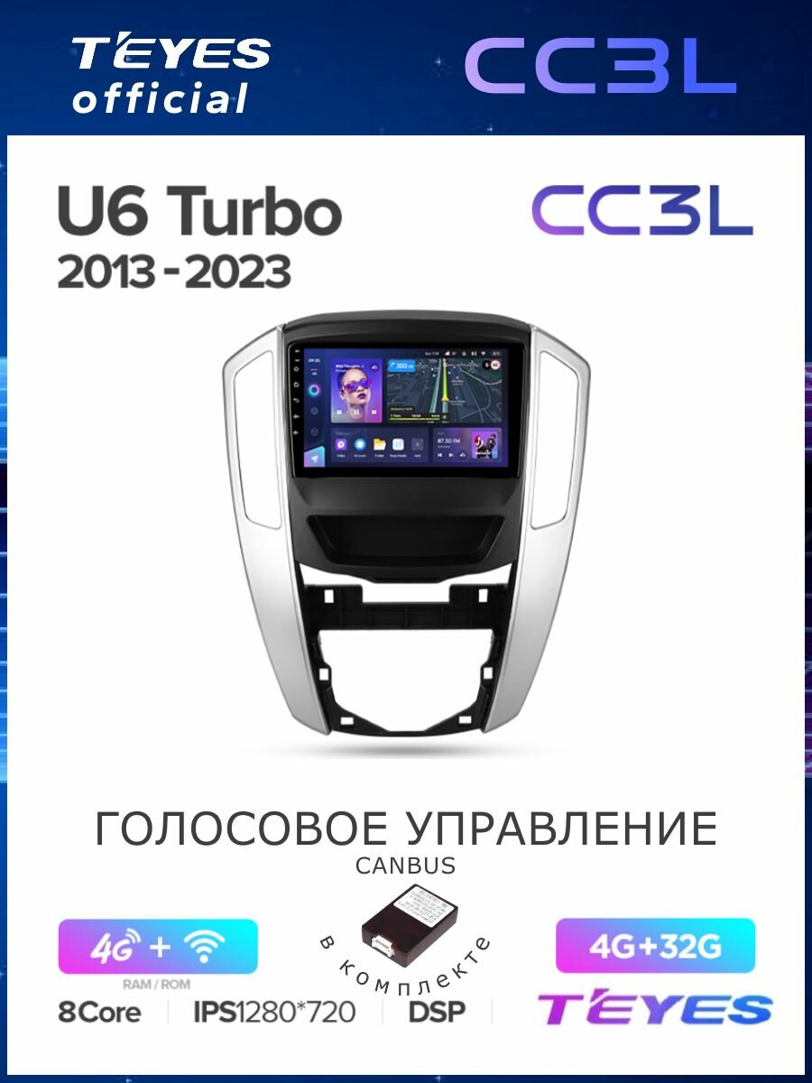 Магнитола Luxgen U6 Turbo 2013-2023 Teyes CC3L 4/32GB, штатная магнитола, 8-ми ядерный процессор, IPS экран, DSP, 4G
