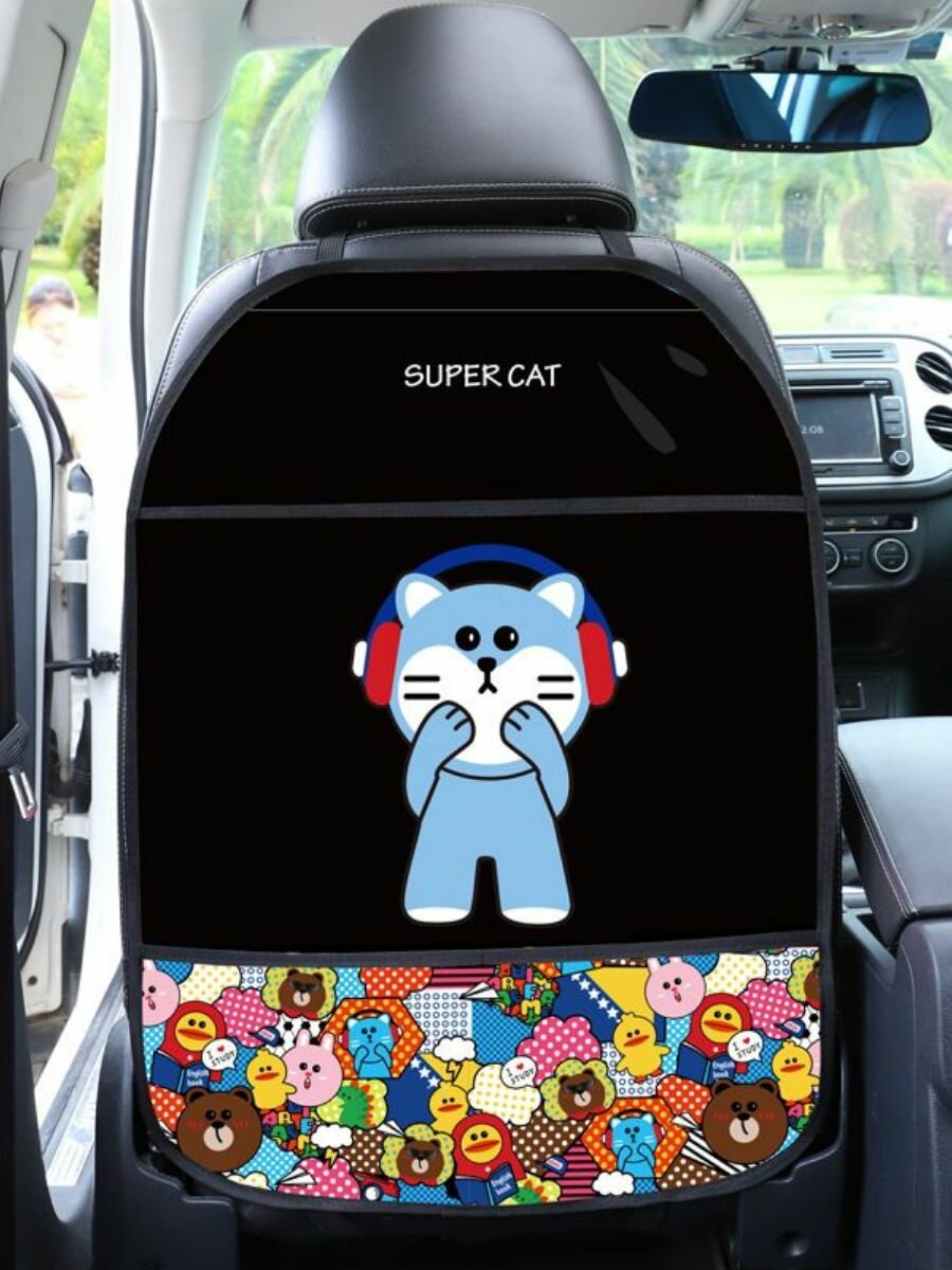 Накидка на сиденья авто с карманами, эко-кожа, принт Котенок, защита на спинку сиденья от детских ног, Vivacat