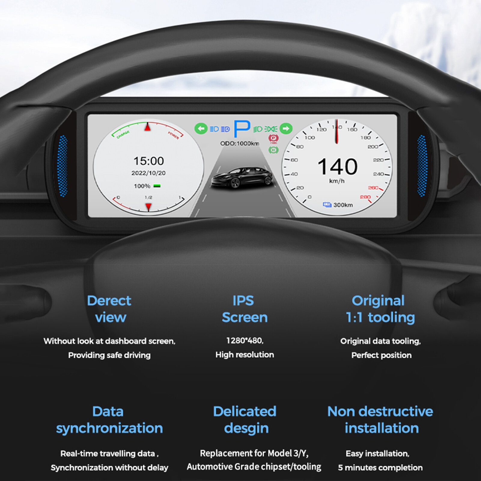Замена автомобильного проекционного дисплея для Tesla /3 2019-2022 Автомобильный ЖК-прибор 1280*480 6,8-дюймовый IPS-экран Синхронизация даты