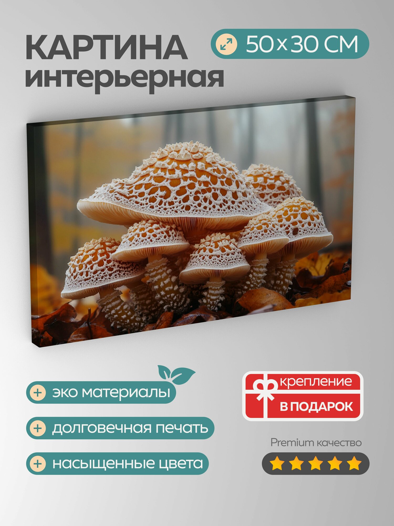 Картина на холсте интерьерная 50х30 см, грибы, туманный лес, осенняя природа, высокое разрешение, замысловатый рисунок
