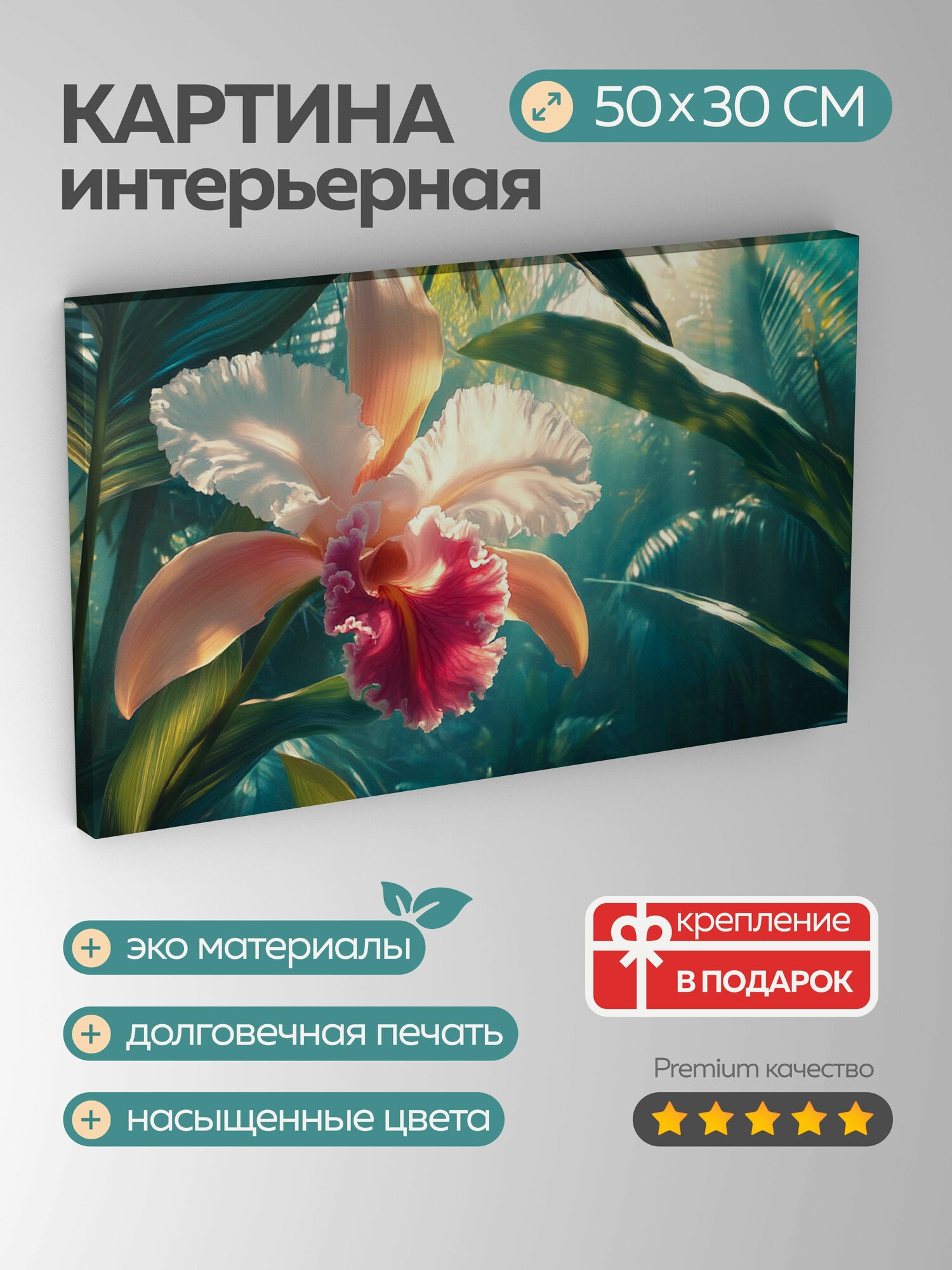 Картина на холсте интерьерная 50х30 см, Орхидея, цветы, лепестки, цветовые градиенты, тропический лес, свет и тени
