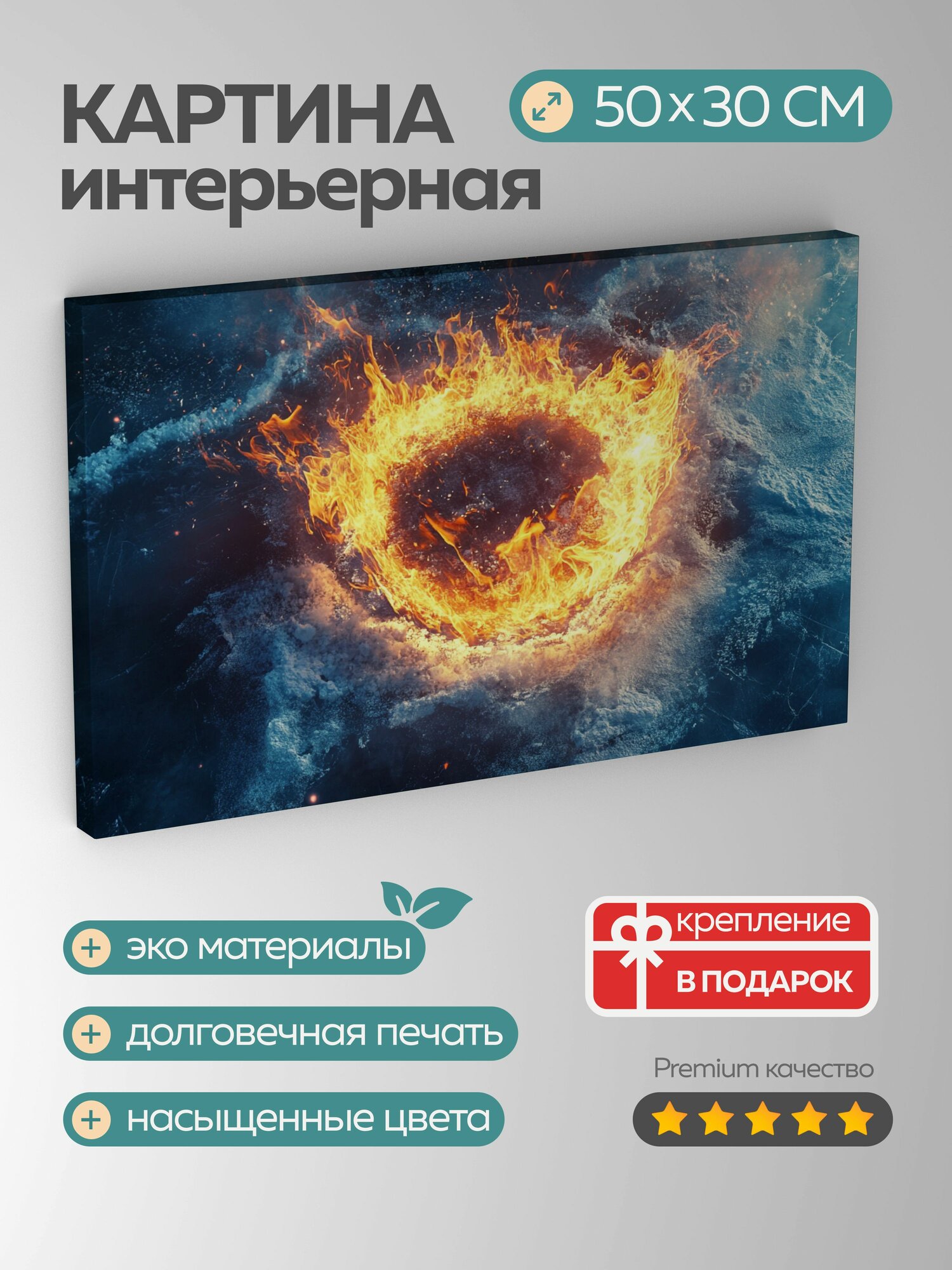 Картина на холсте интерьерная 50х30 см, огонь, лед, хоккей, спорт, борьба, жара, холод, цифровая иллюстрация, ревущий