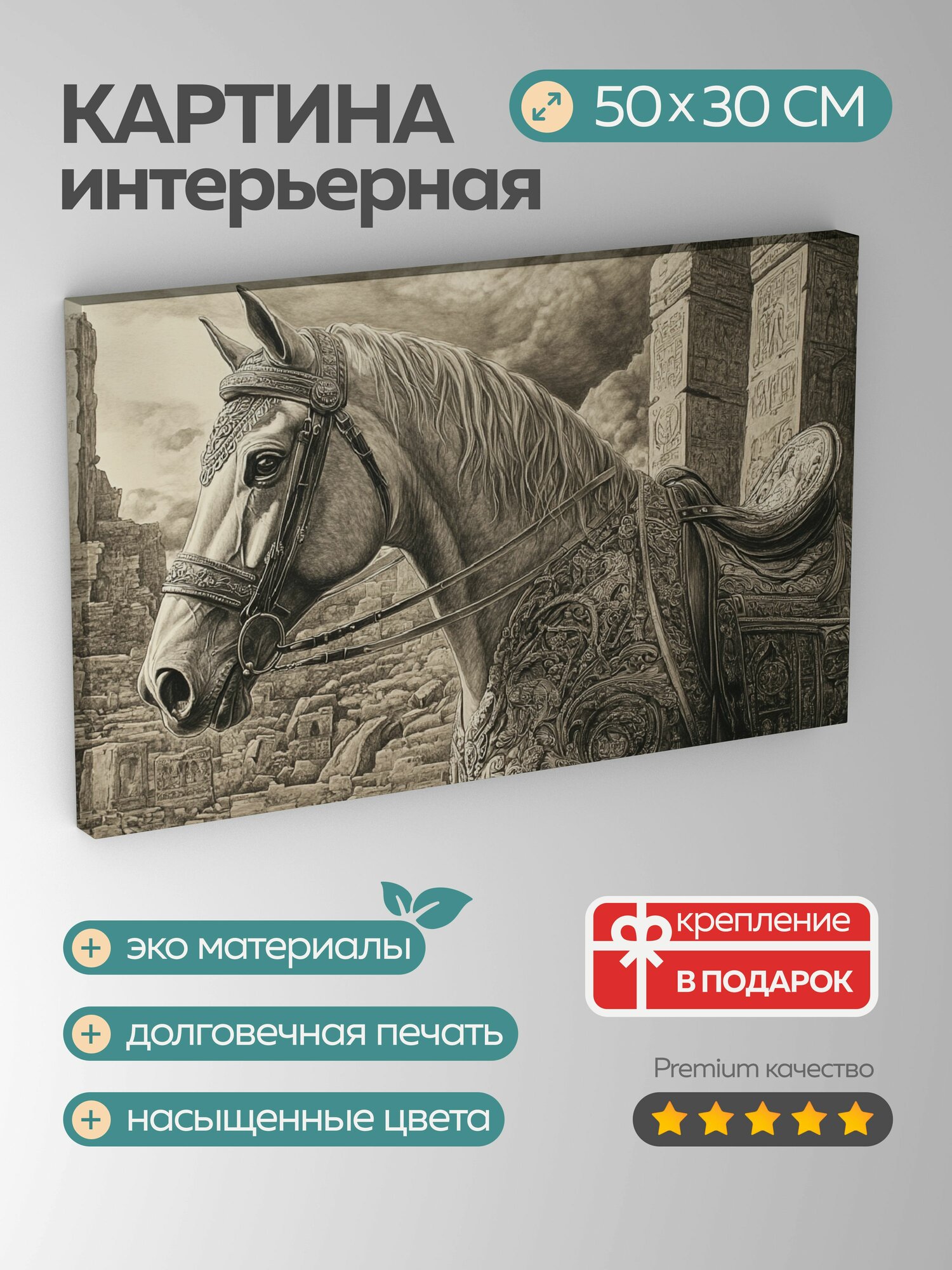 Картина на холсте интерьерная 50х30 см, Конь, седло, руины, история, величие, графитовый рисунок, детализированный