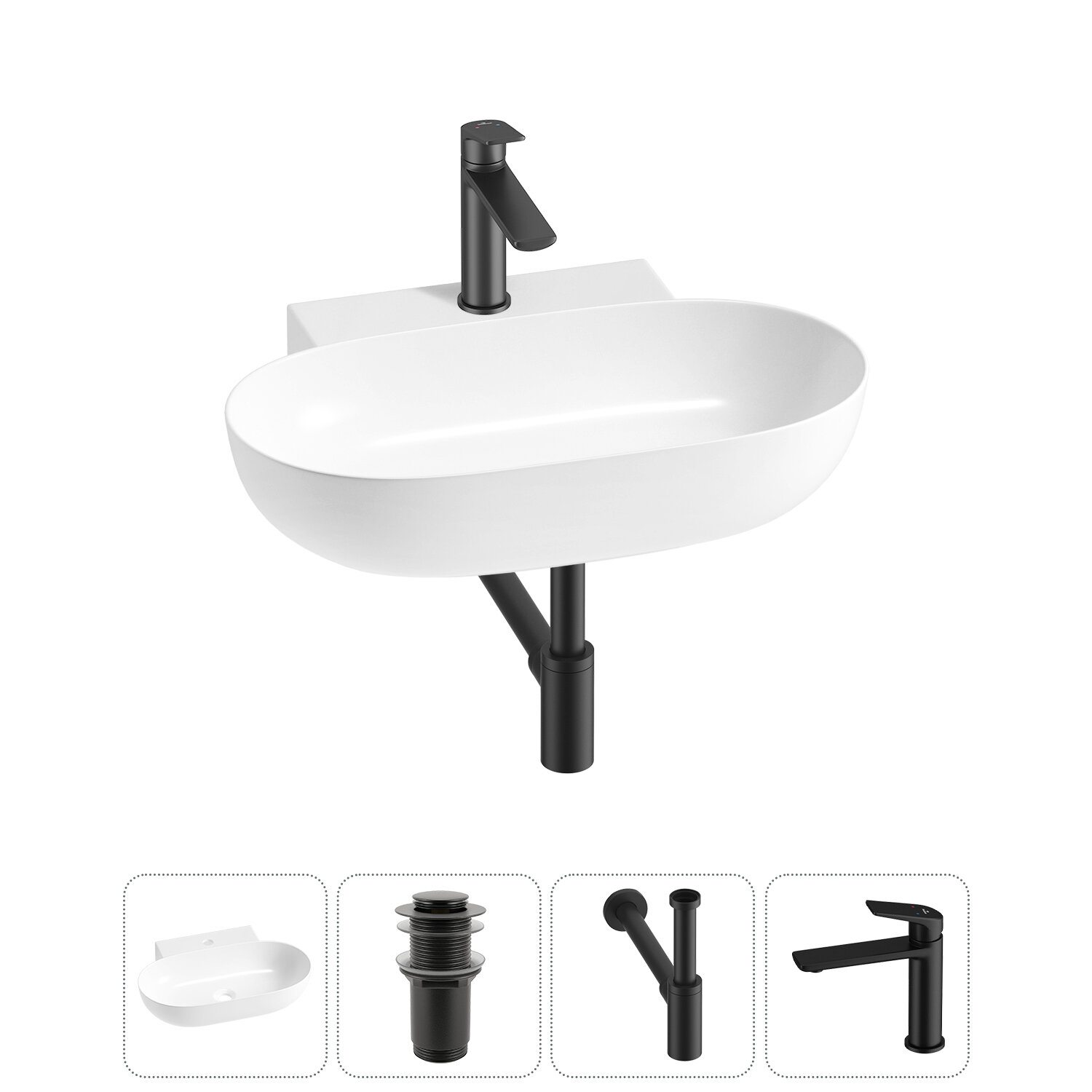 Подвесная или накладная раковина в ванную комнату Lavinia Boho Bathroom Sink 20215136R в наборе 4 в 1: раковина 58 см в цвете белый глянец, донный клапан, сифон, смеситель