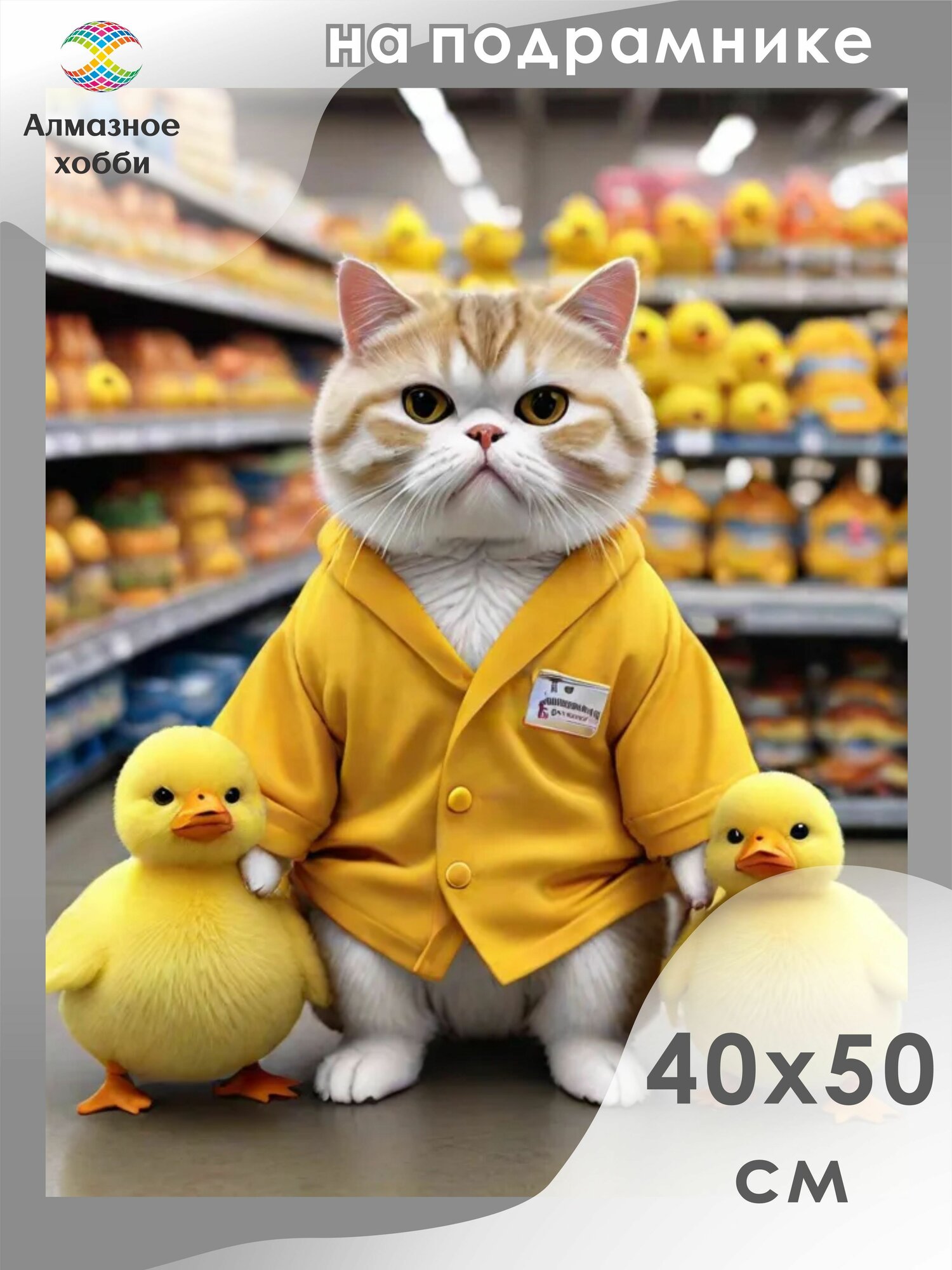 Алмазная мозаика на подрамнике Мемный Кот с утятами 40х50