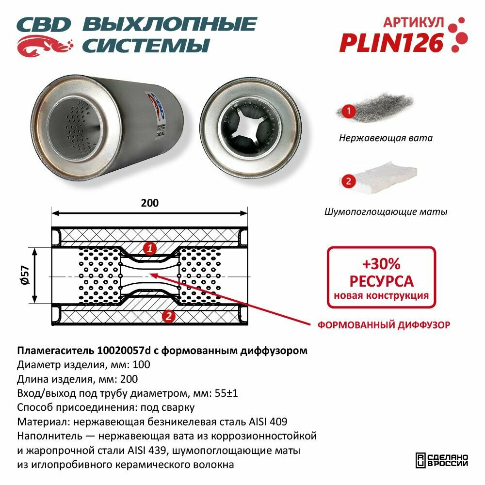 Пламегаситель 10020057d с перфорированным диффузором, из Нерж. стали. CBD. PLIN126