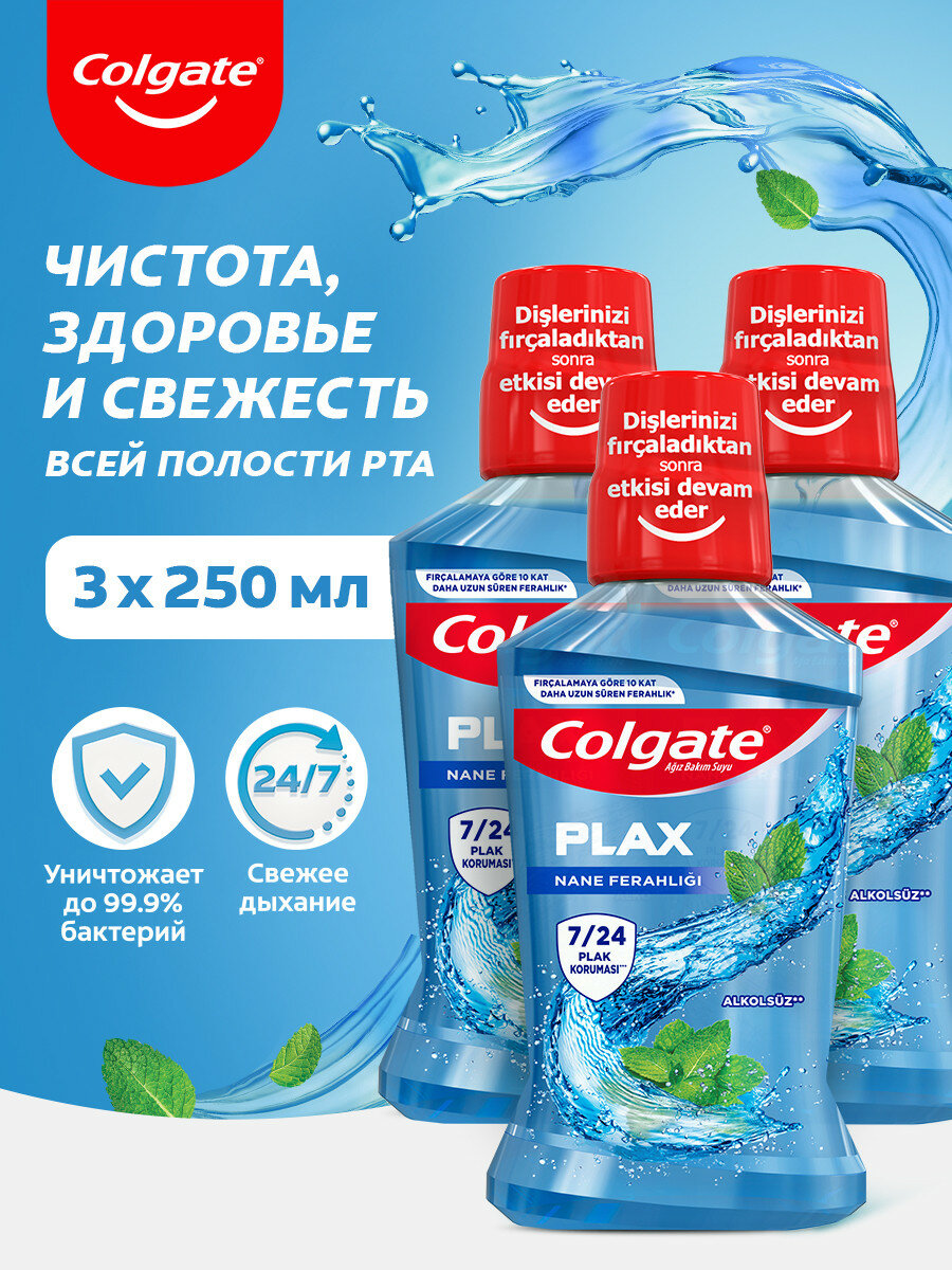 Ополаскиватель для полости рта Colgate Plax освежающая мята антибактериальный, 250 мл (3 шт)